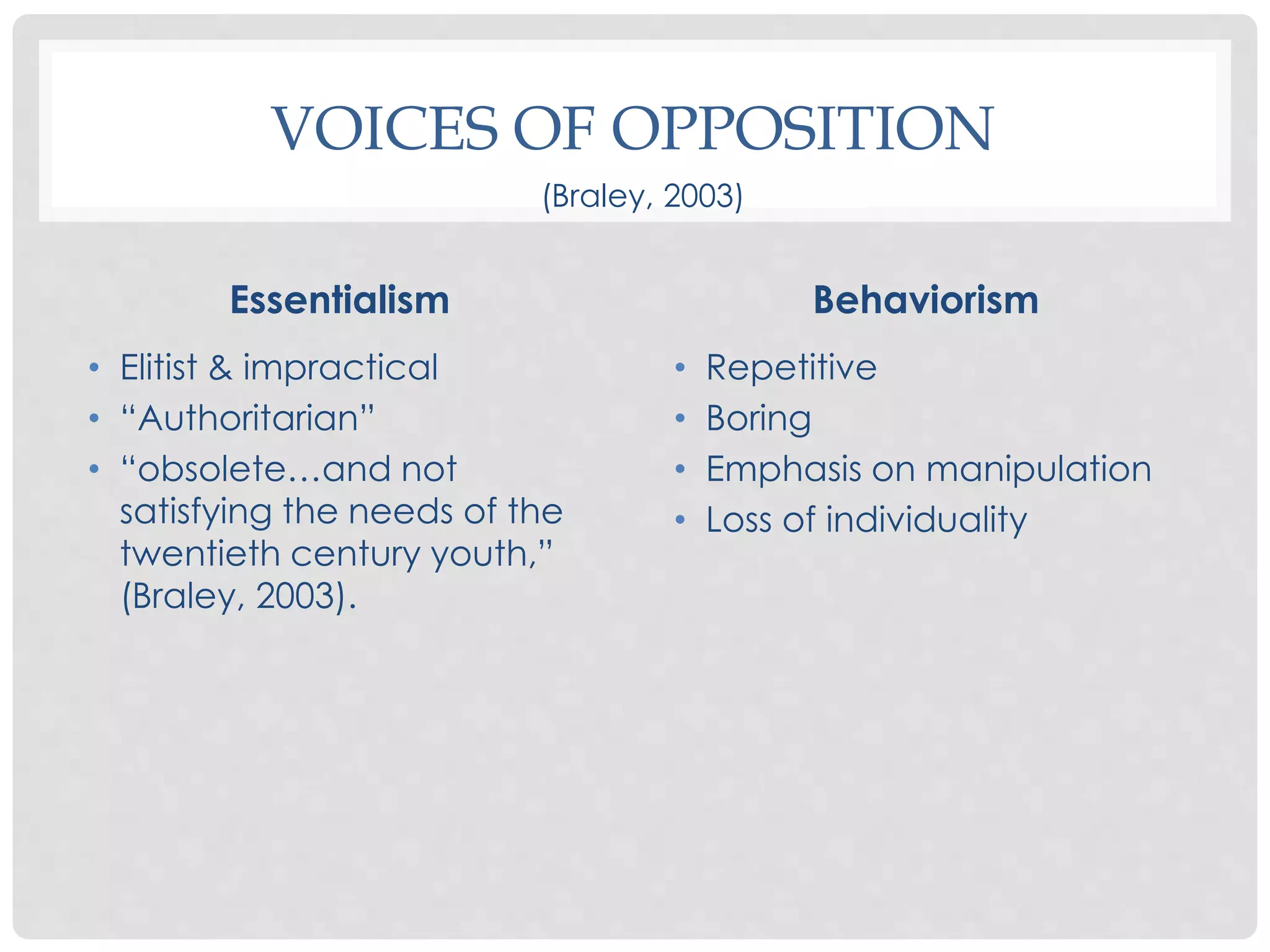 Behaviorism vs. Essentialism Educational Philosophies Teaching Tool | PPTX
