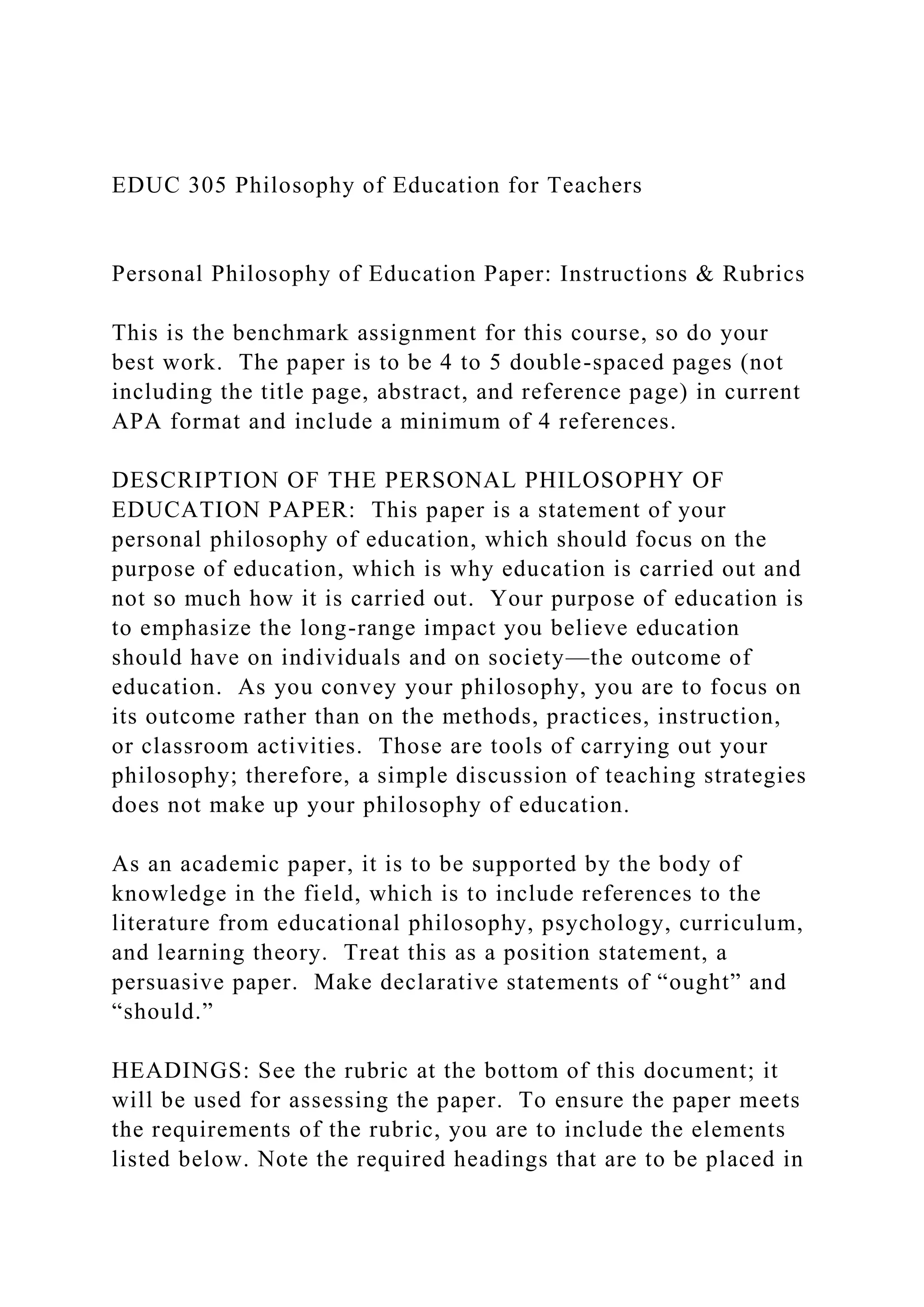 EDUC 305 Philosophy of Education for TeachersPersonal Philos.docx