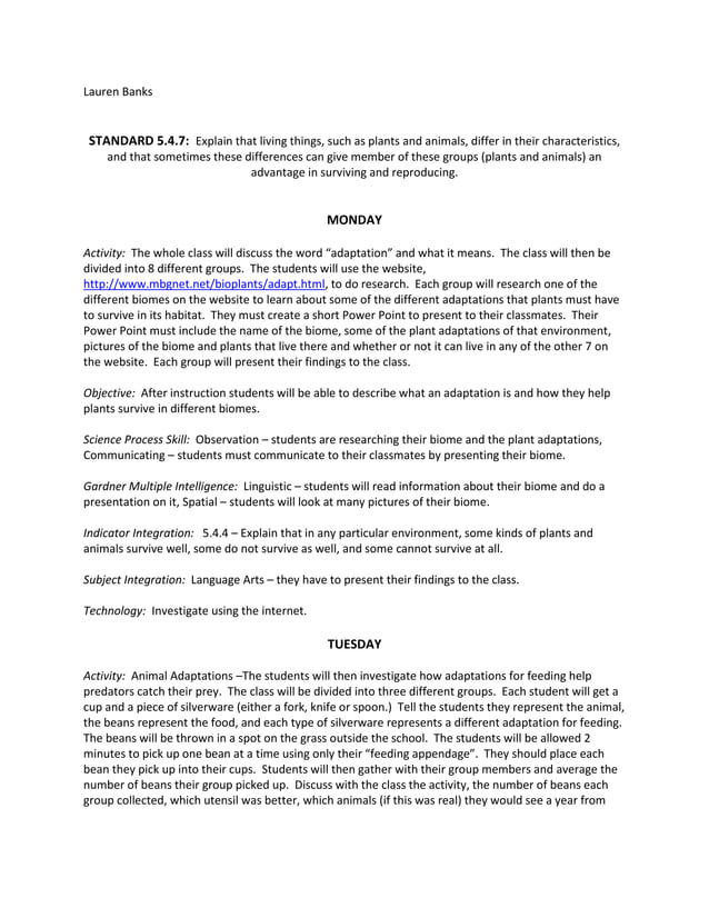 Educ373 Week Long Lesson Plan | PDF