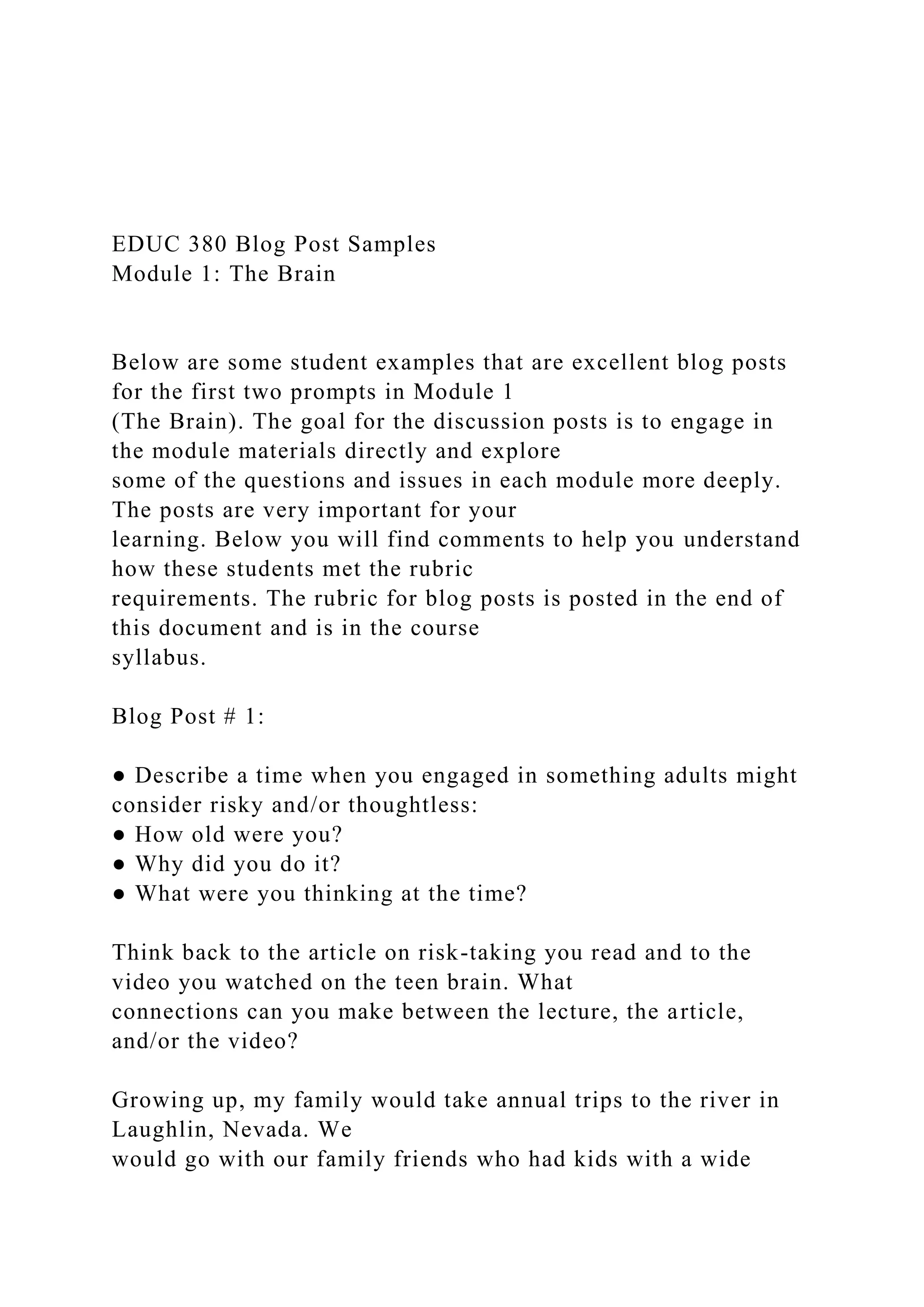 EDUC 380 Blog Post Samples Module 1 The Brain Below .docx | Brain and ...
