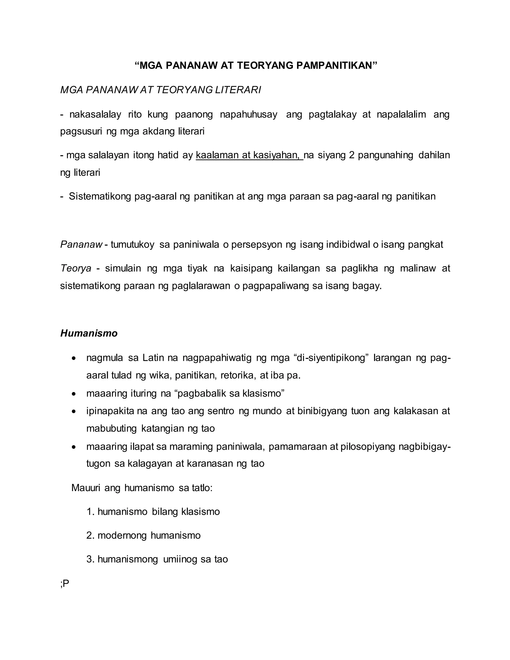 Mga Pananaw at Teoryang Pampanitikan | DOCX