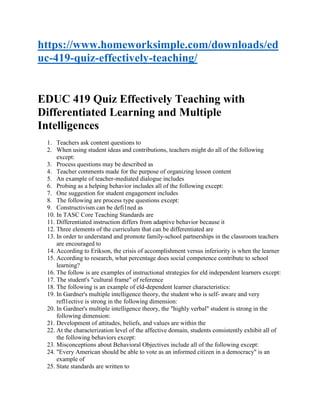 EDUC 419 Quiz Effectively Teaching with Differentiated Learning and ...
