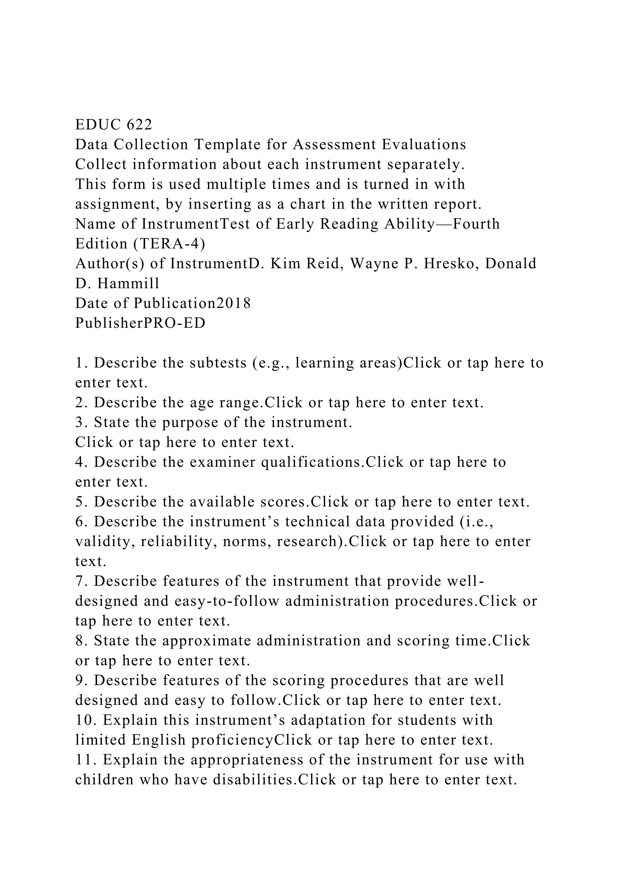 EDUC 622Data Collection Template for Assessment EvaluationsCol.docx