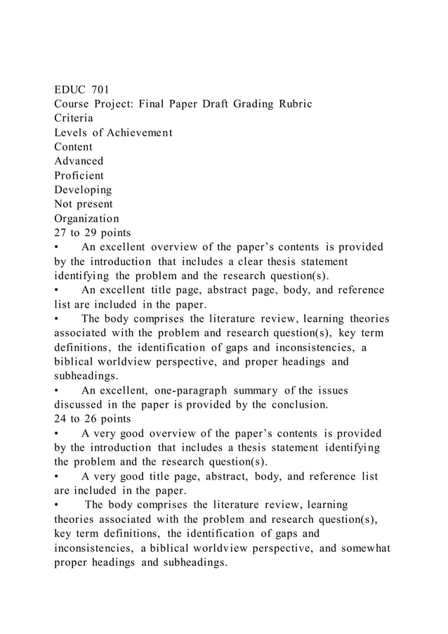 EDUC 701Course Project Final Paper Draft Grading RubricCriter | DOCX ...