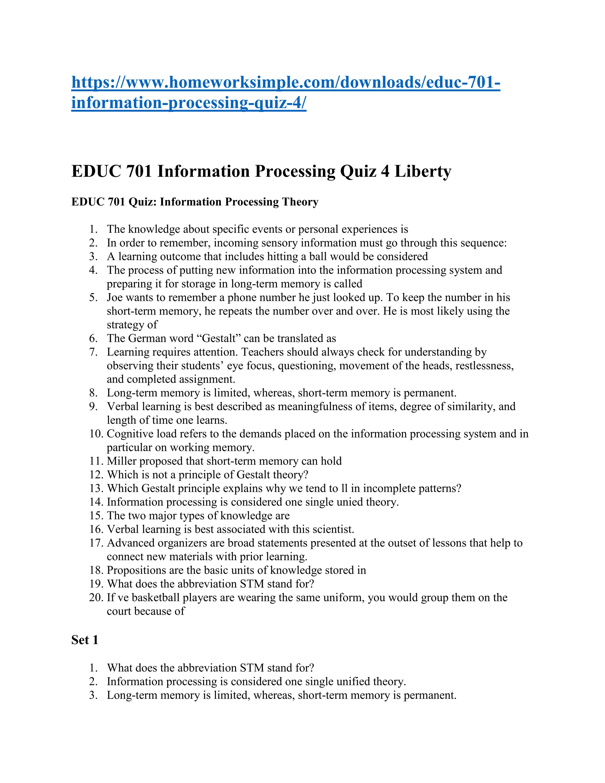 EDUC 701 Information Processing Quiz 4 Liberty.docx
