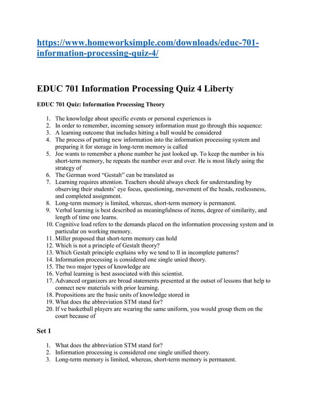 EDUC 701 Information Processing Quiz 4 Liberty.docx