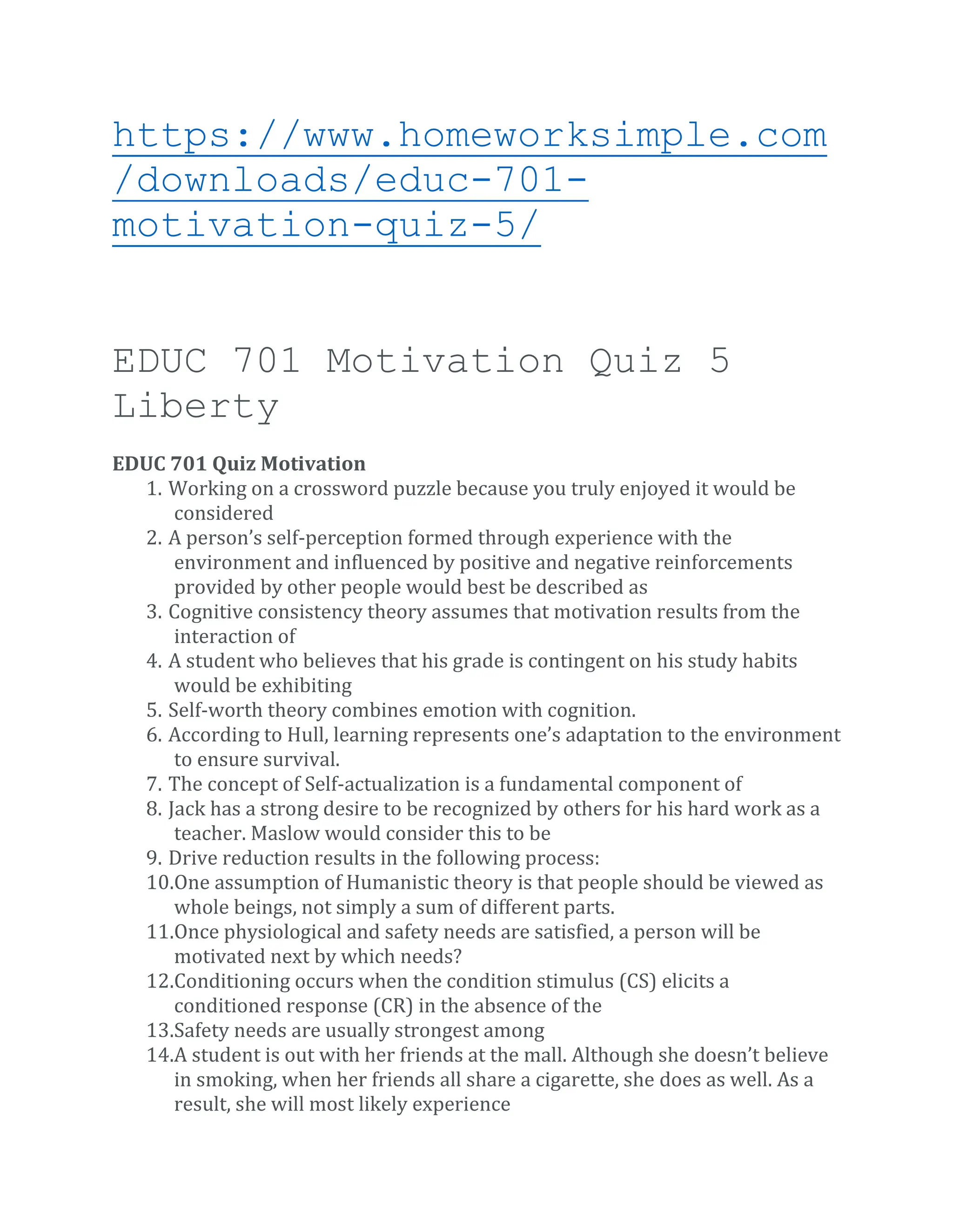 EDUC 701 Motivation Quiz 5 Liberty Homeworksimple | DOCX | Biological ...