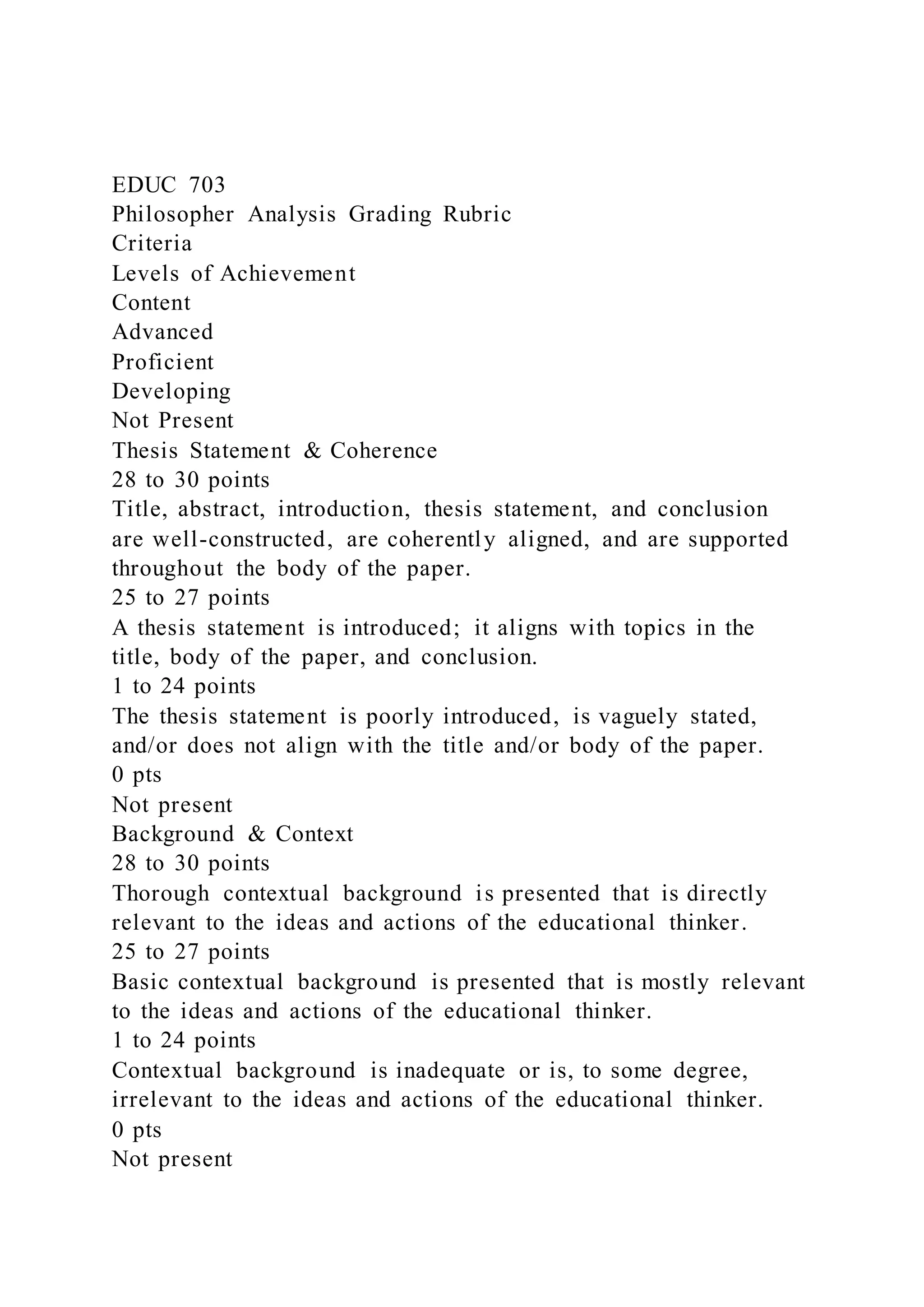 EDUC 703Philosopher Analysis Grading RubricCriteriaLevels of | DOCX