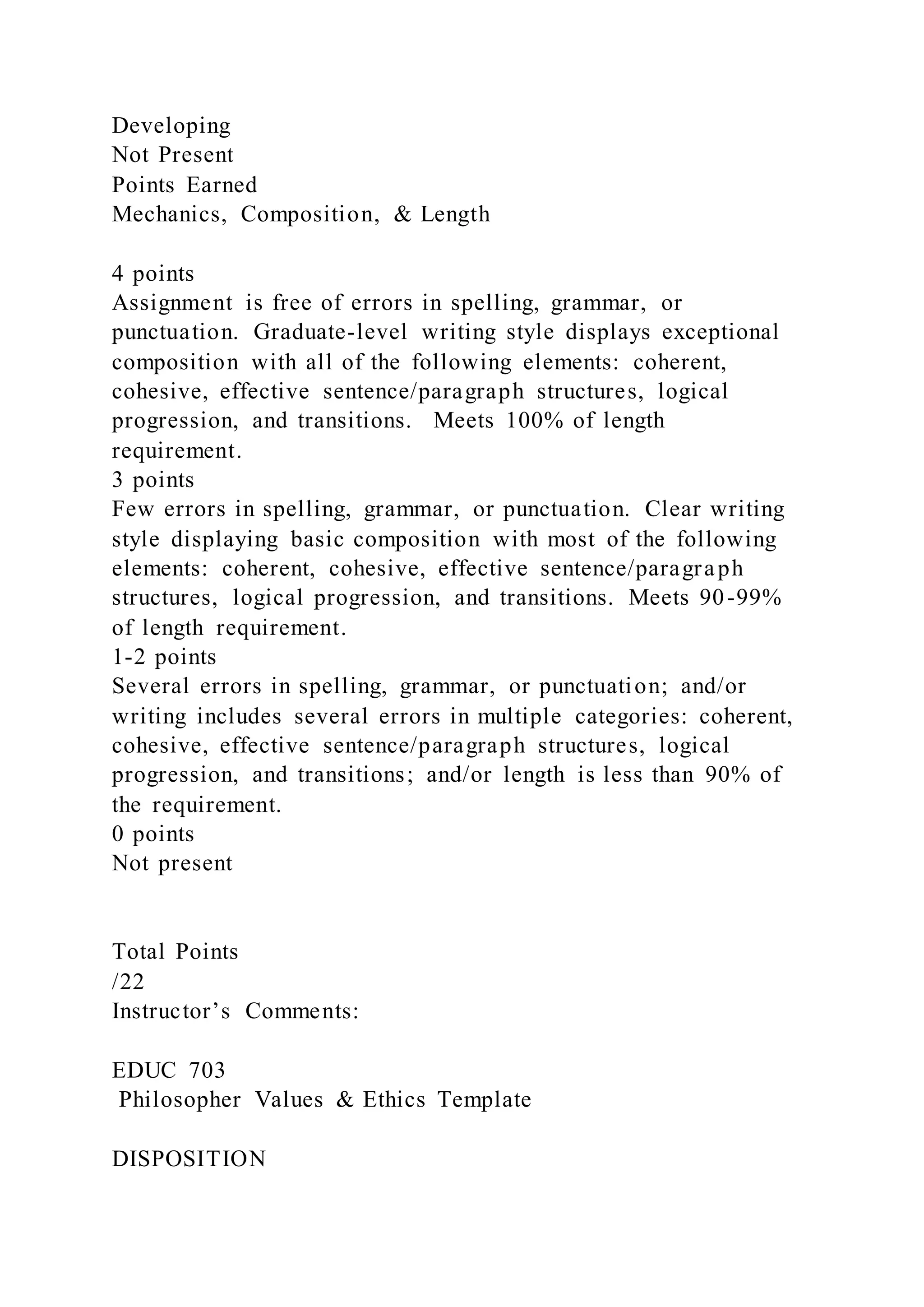 EDUC 703Philosopher Values & Ethics Grading Rubric Criteria | DOCX