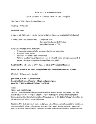 The Code of Ethics for EDUC 7 | DOCX | Professional School ...