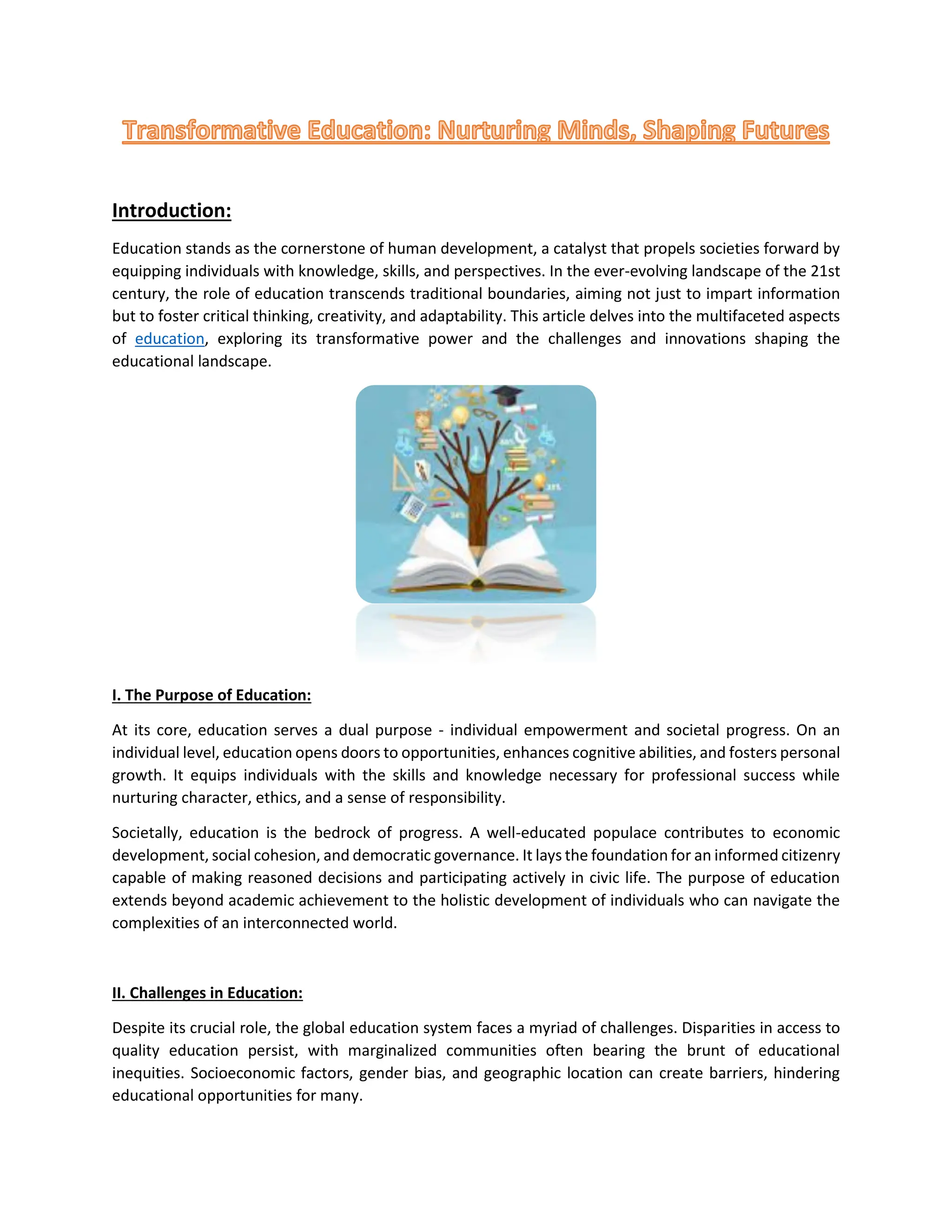 Transformative Education: Nurturing Minds, Shaping Futures | PDF