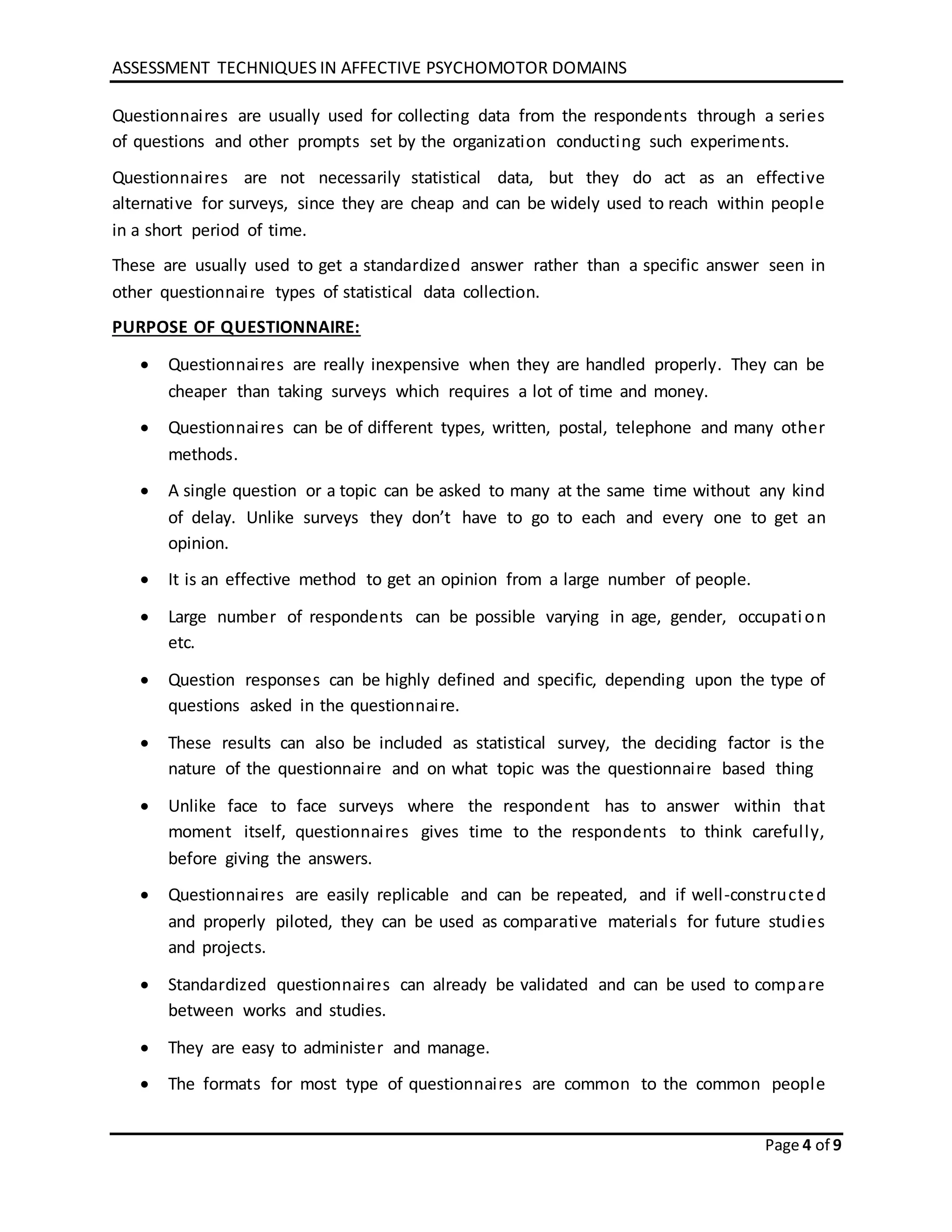 Assessment Techniques in Affective and Psychomotor Domain | DOCX