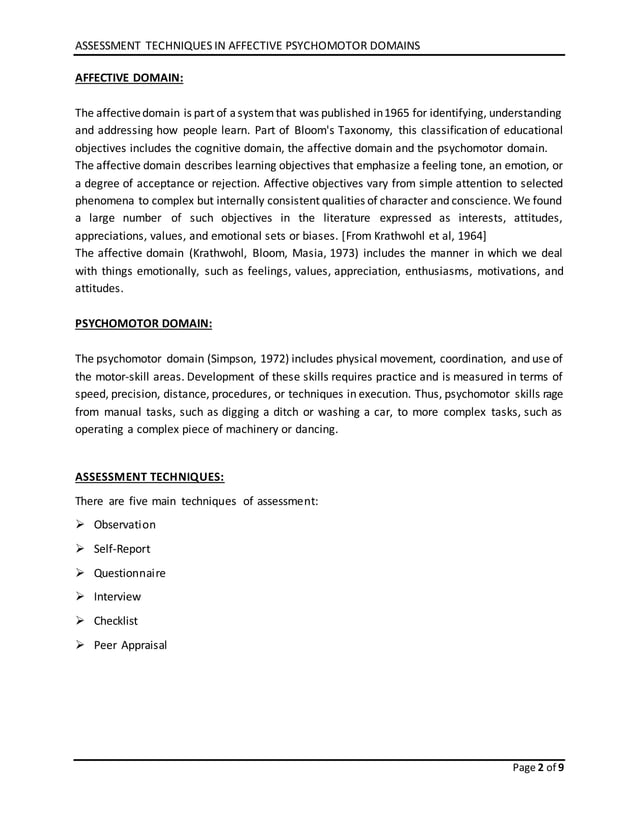 Assessment Techniques in Affective and Psychomotor Domain | DOCX | Educational Assessment ...