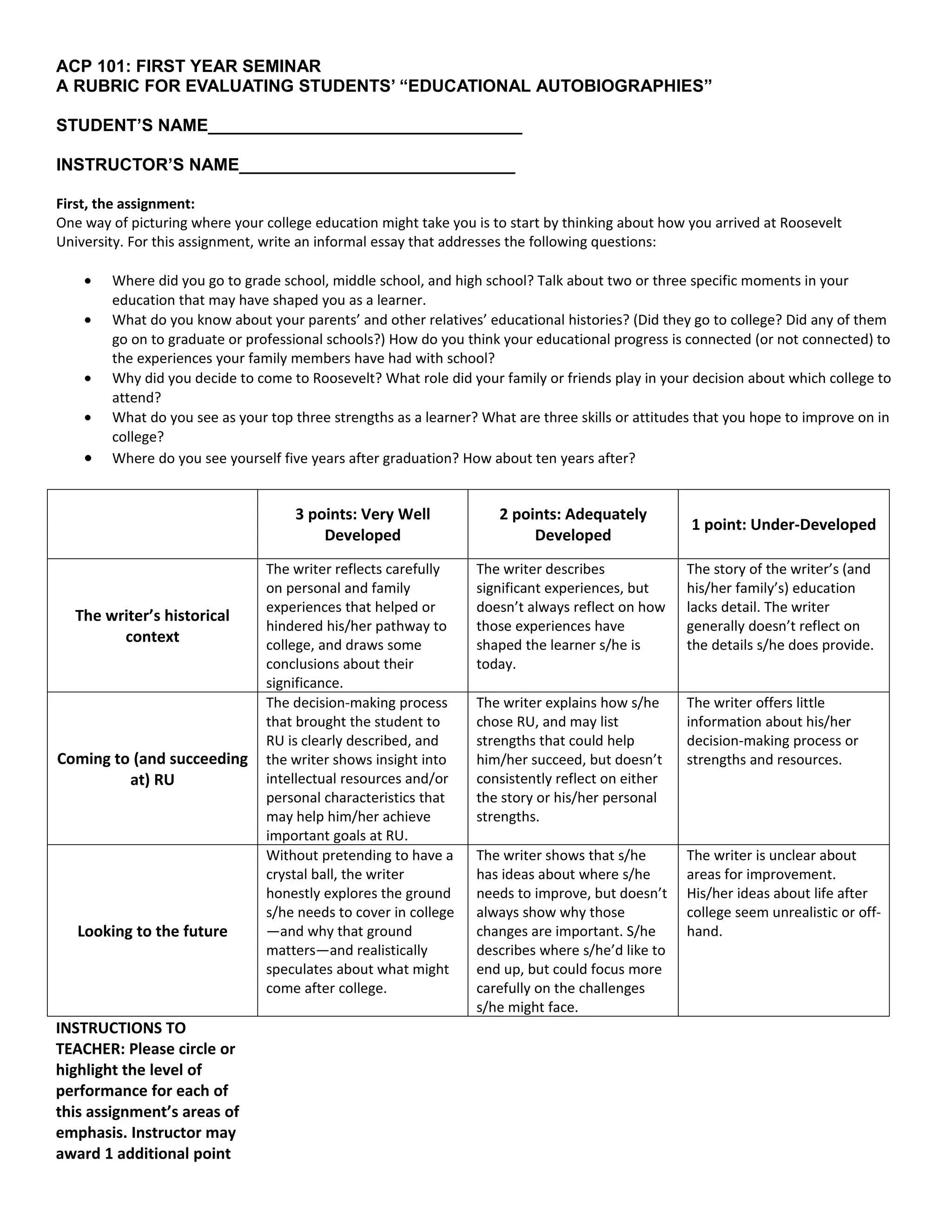 Educational autobiography rubric 2 | DOC | College Planning | College ...