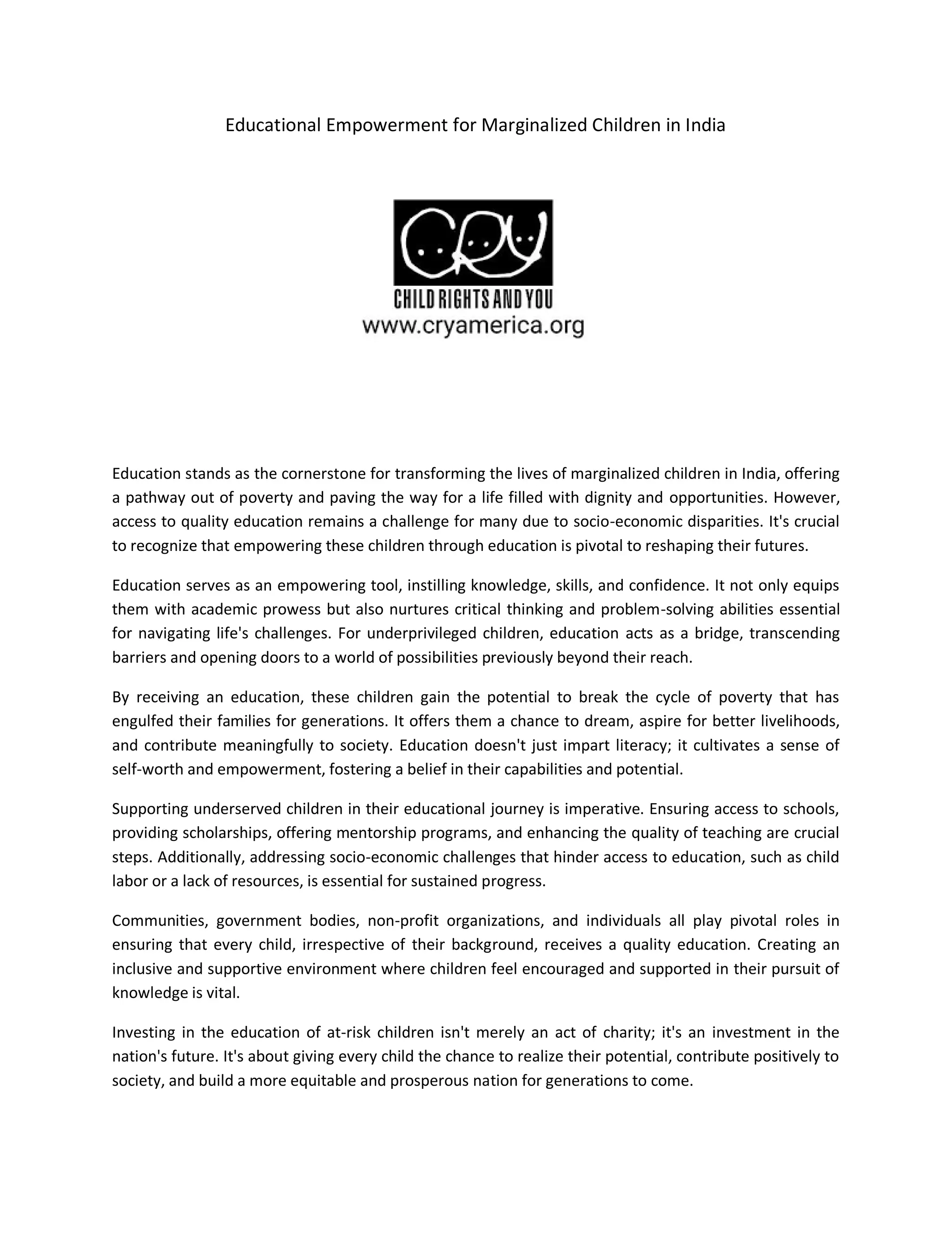 Educational Empowerment for Underprivileged Children in India | PDF