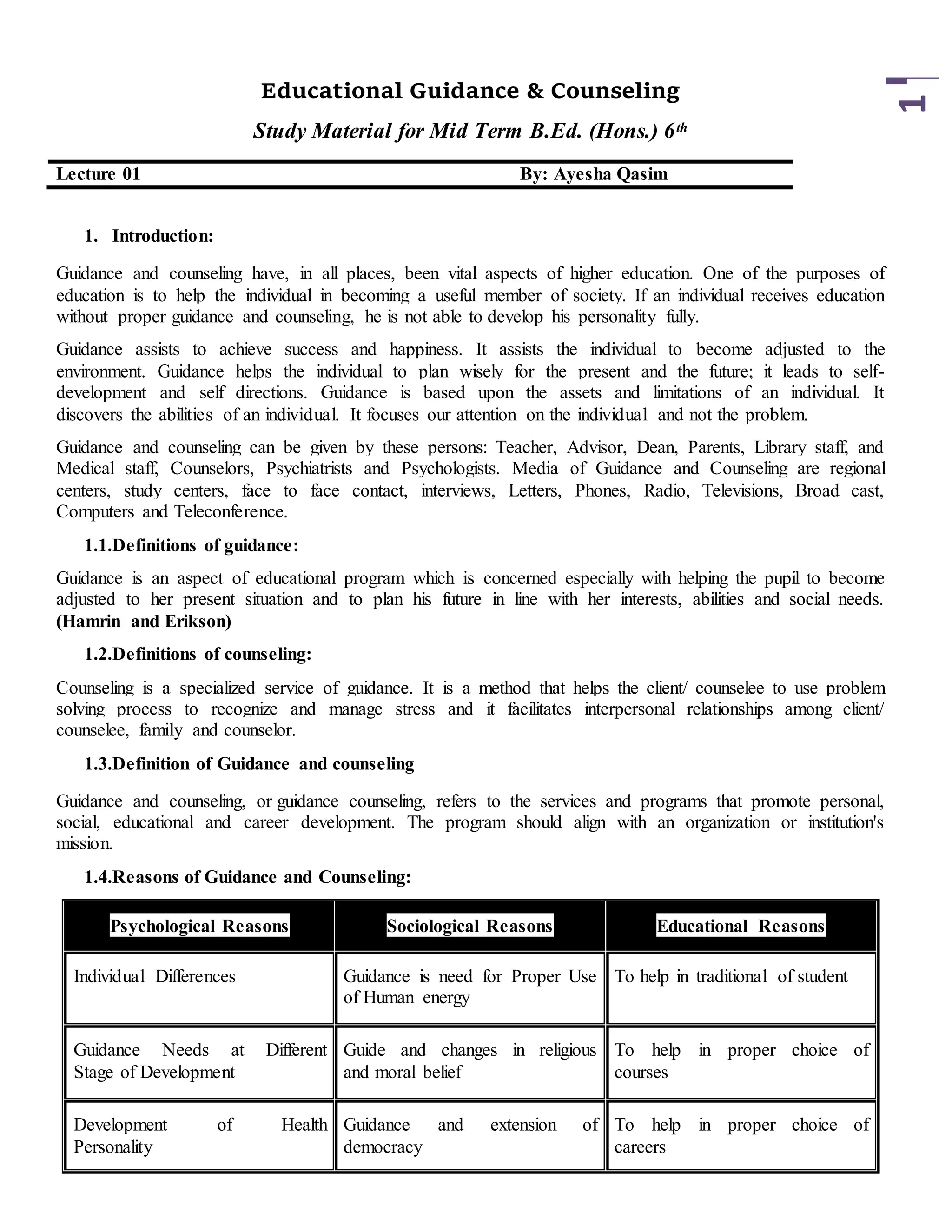 Educational guidance & counseling study material for mid term b.ed. 6th ...