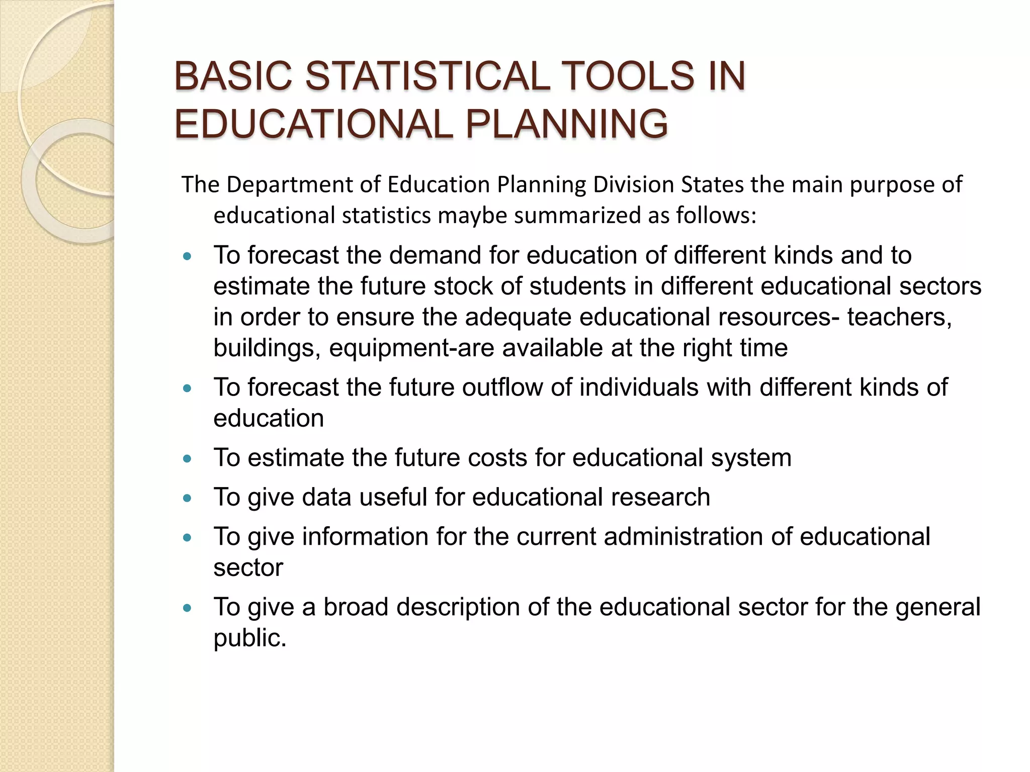 BASIC STATISTICAL TOOLS IN EDUCATIONAL PLANNING | PPTX