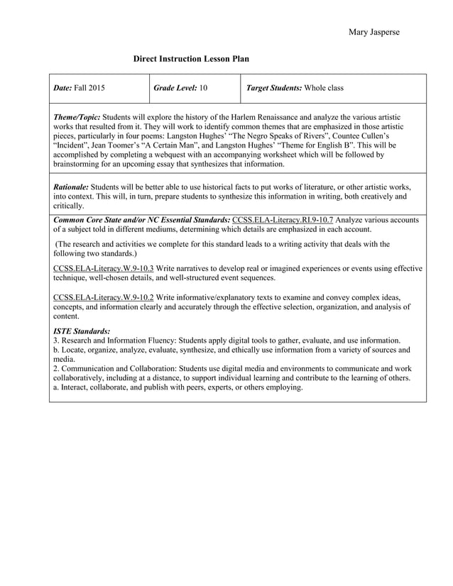 Harlem Renaissance Lesson Plan | DOCX