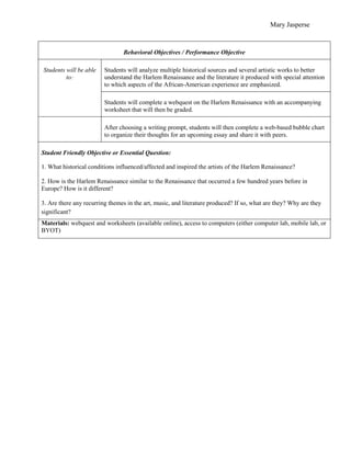 Harlem Renaissance Lesson Plan | DOCX | Educational Assessment | Education