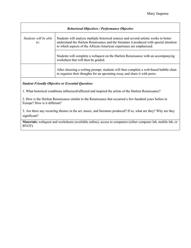 Harlem Renaissance Lesson Plan | DOCX