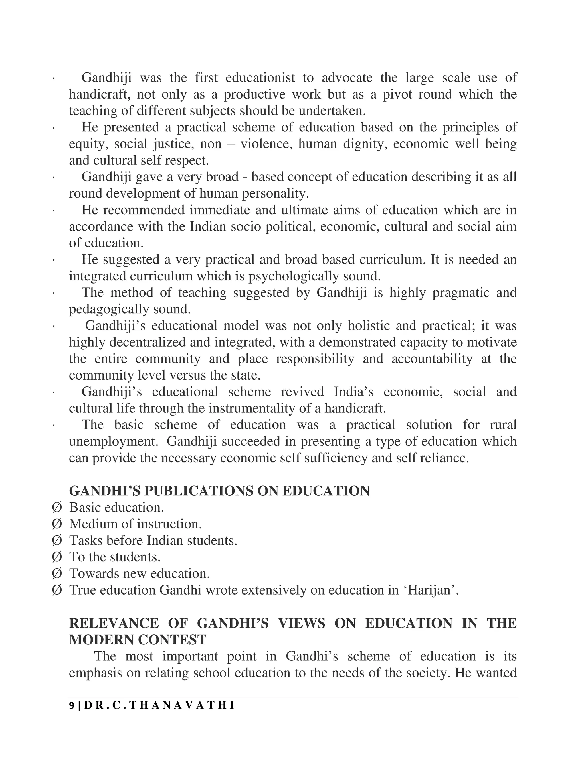 Educational Thoughts of Mahatma Gandhi Notes - Dr.C.Thanavathi | PDF
