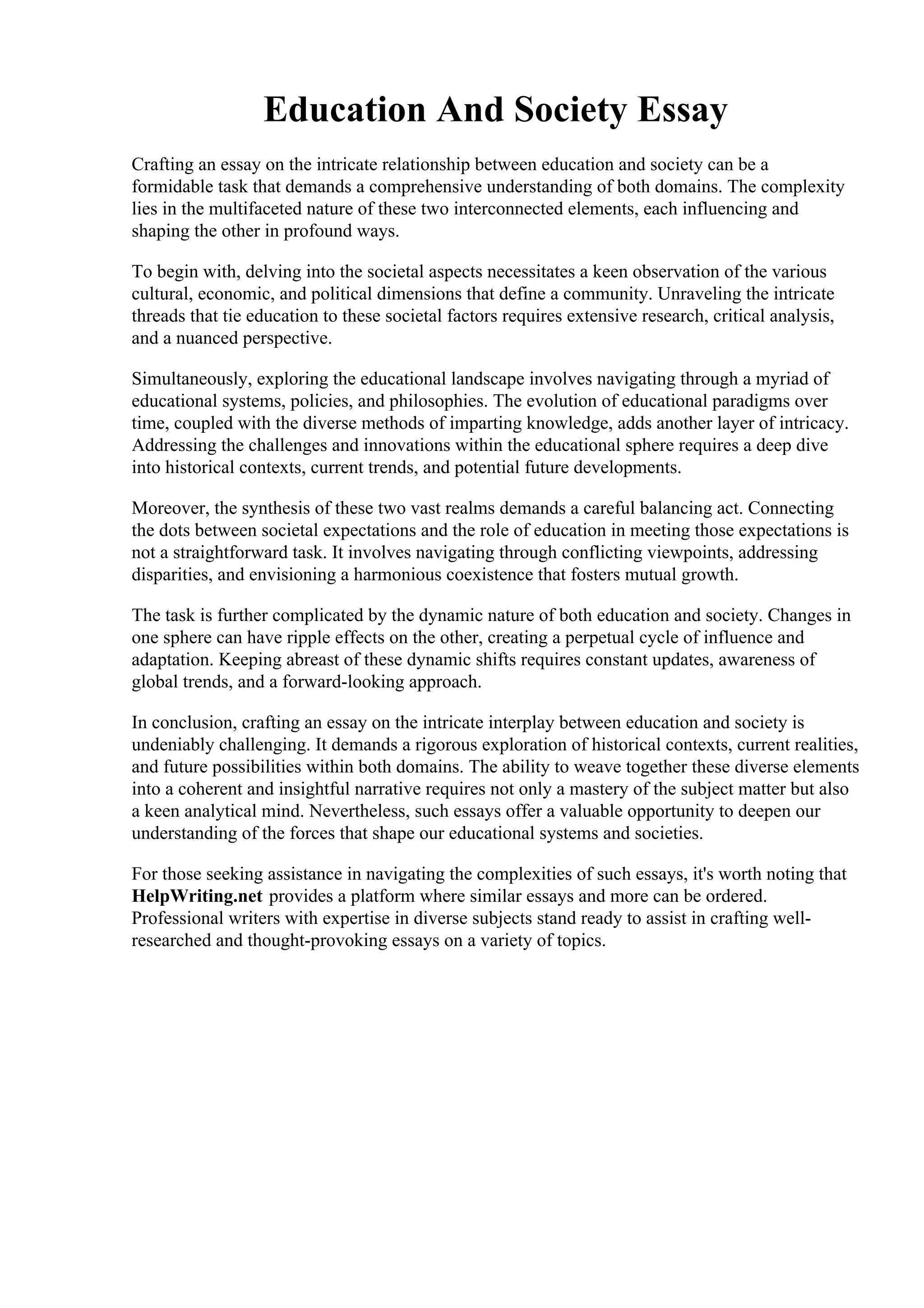 Education And Society Essay | PDF