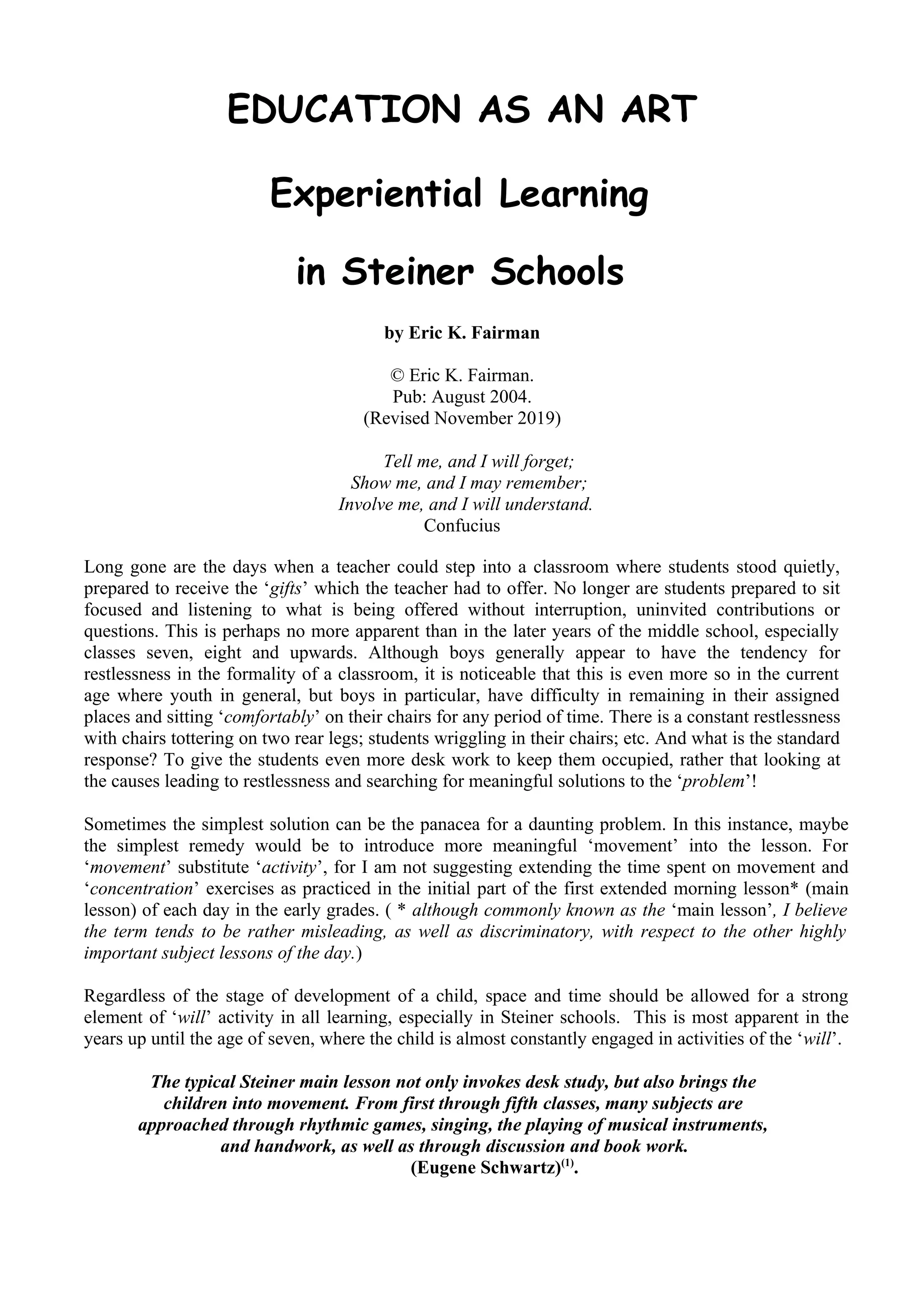 Education as an Art - Experiential Learning in Steiner Schools | PDF