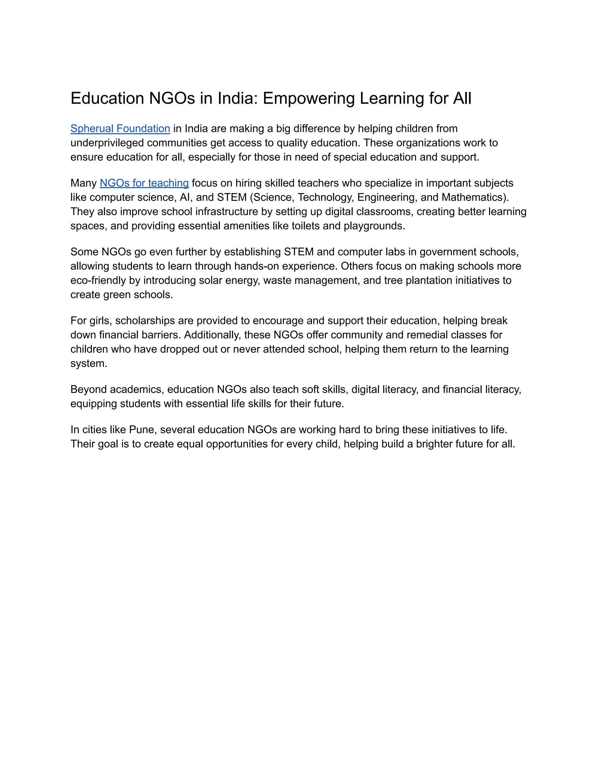 Education NGOs in India: Empowering Learning for All | PDF