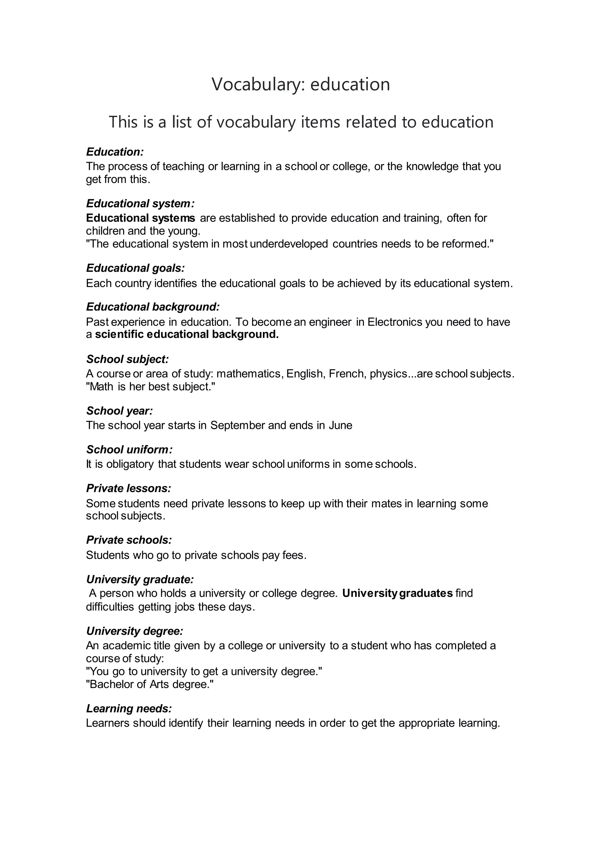 Education vocabulary | PDF