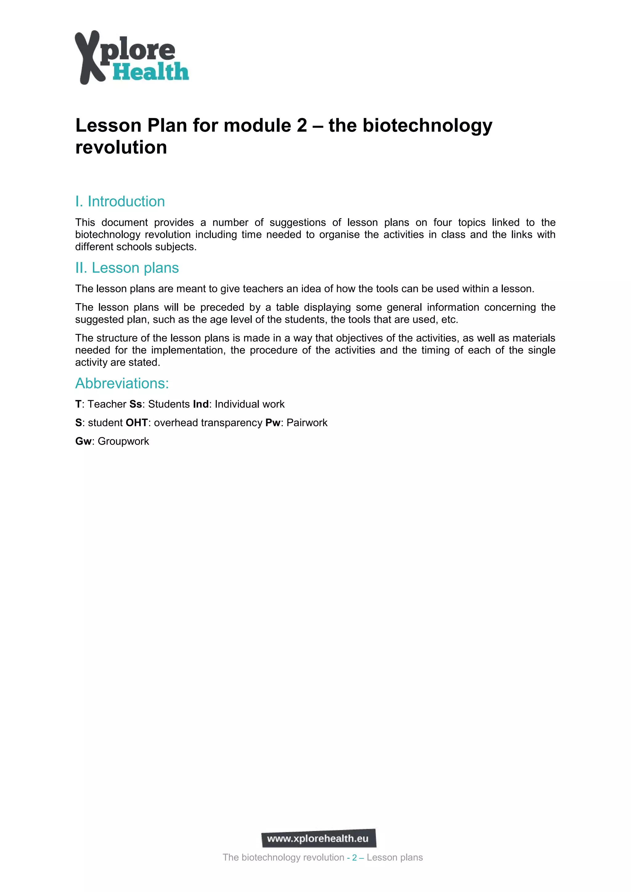 The biotechnology revolution - Lesson plans | PDF