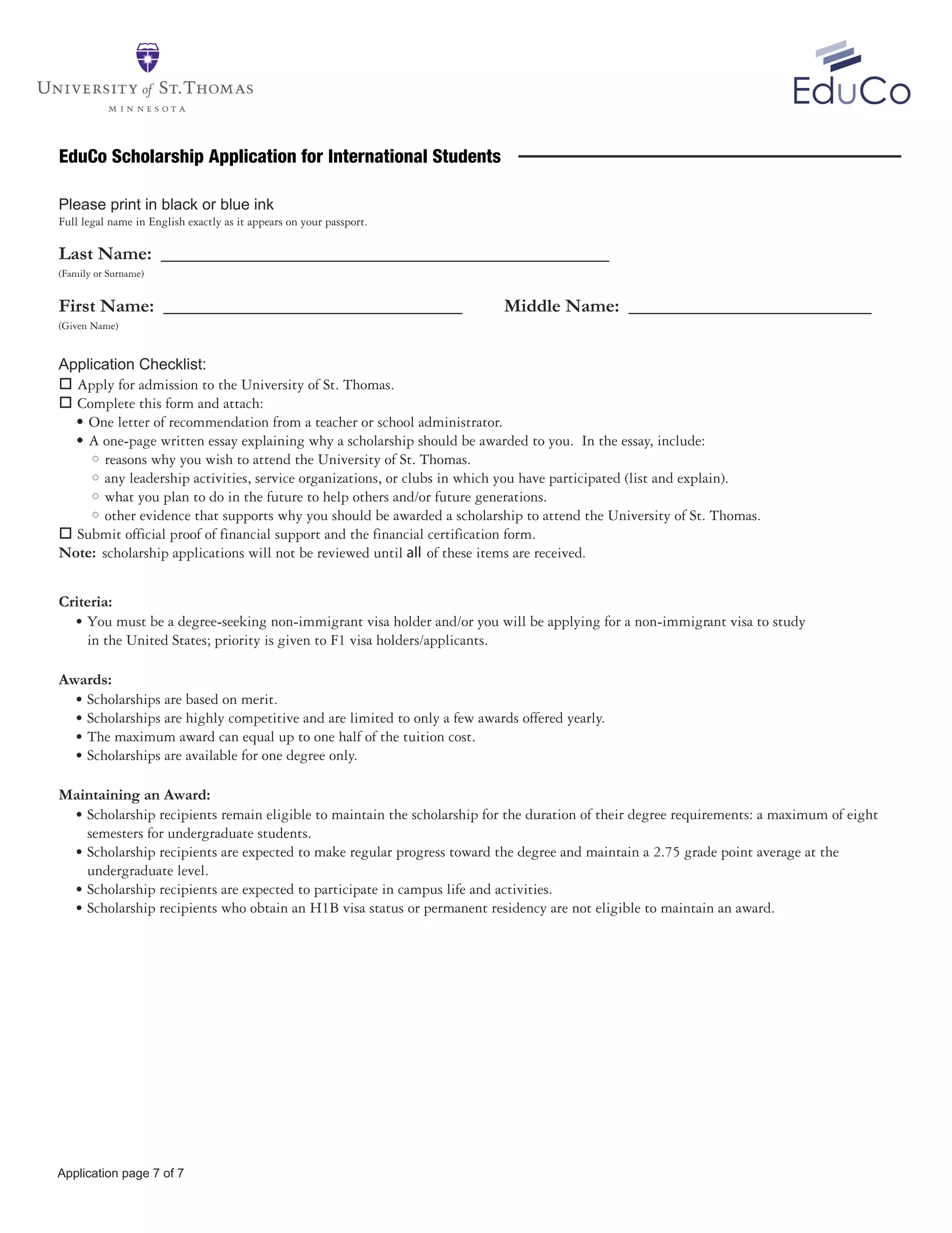 st-thomas-student-application-form | PDF