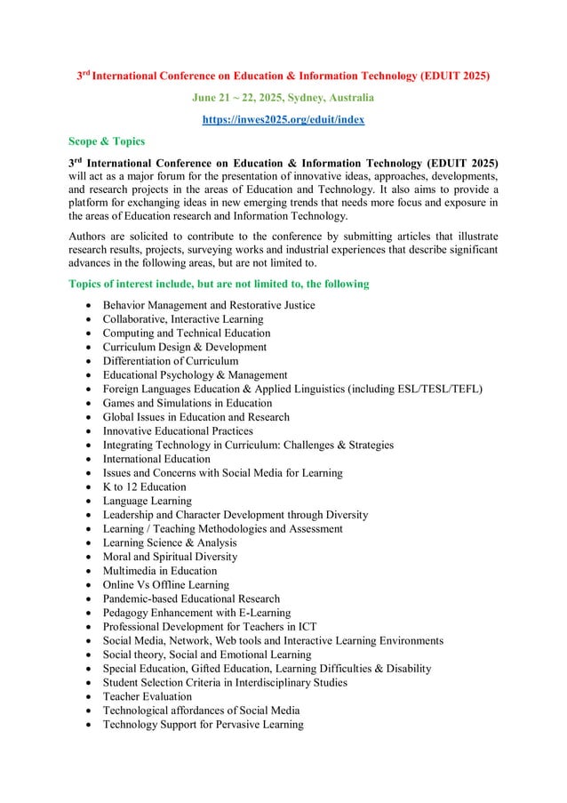 3rd International Conference on Education & Information Technology (EDUIT 2025) | PDF
