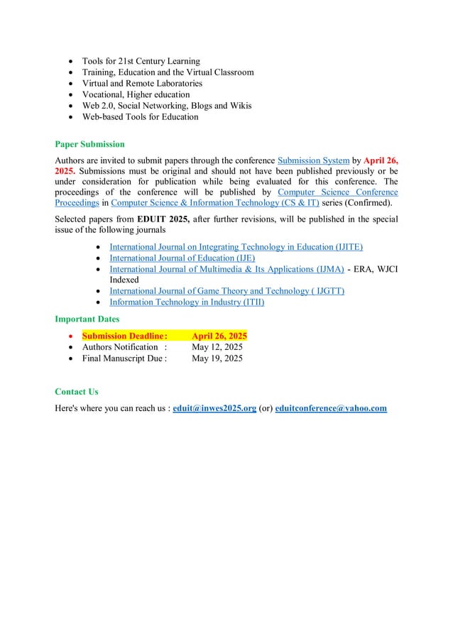 3rd International Conference on Education & Information Technology (EDUIT 2025) | PDF