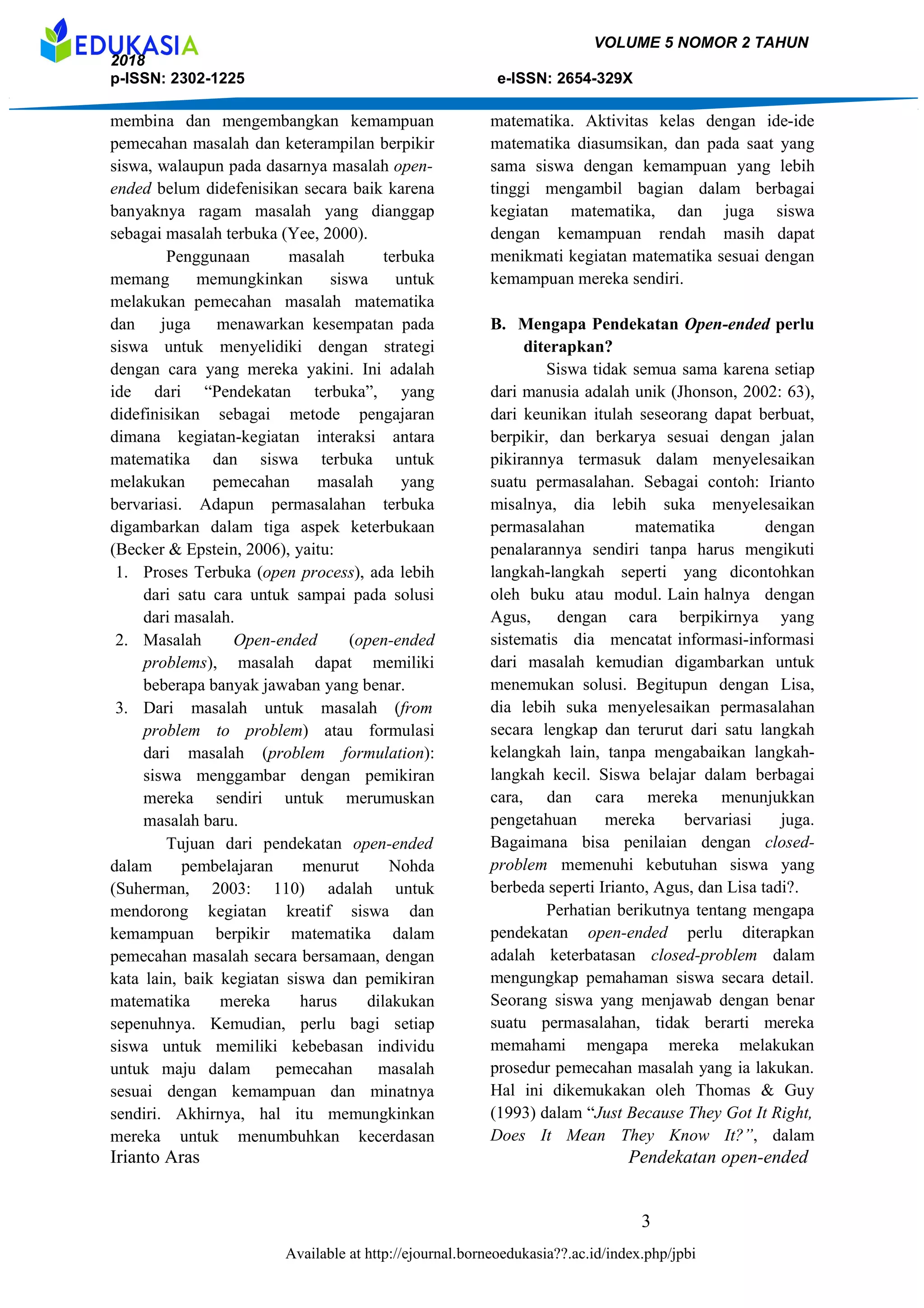 Pendekatan open-ended dalam pembelajaran matematika | DOC