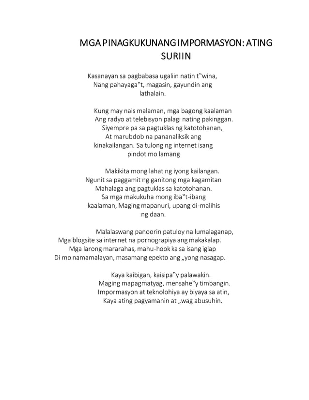 Edukasyon sa pagkatao mga tula | DOCX