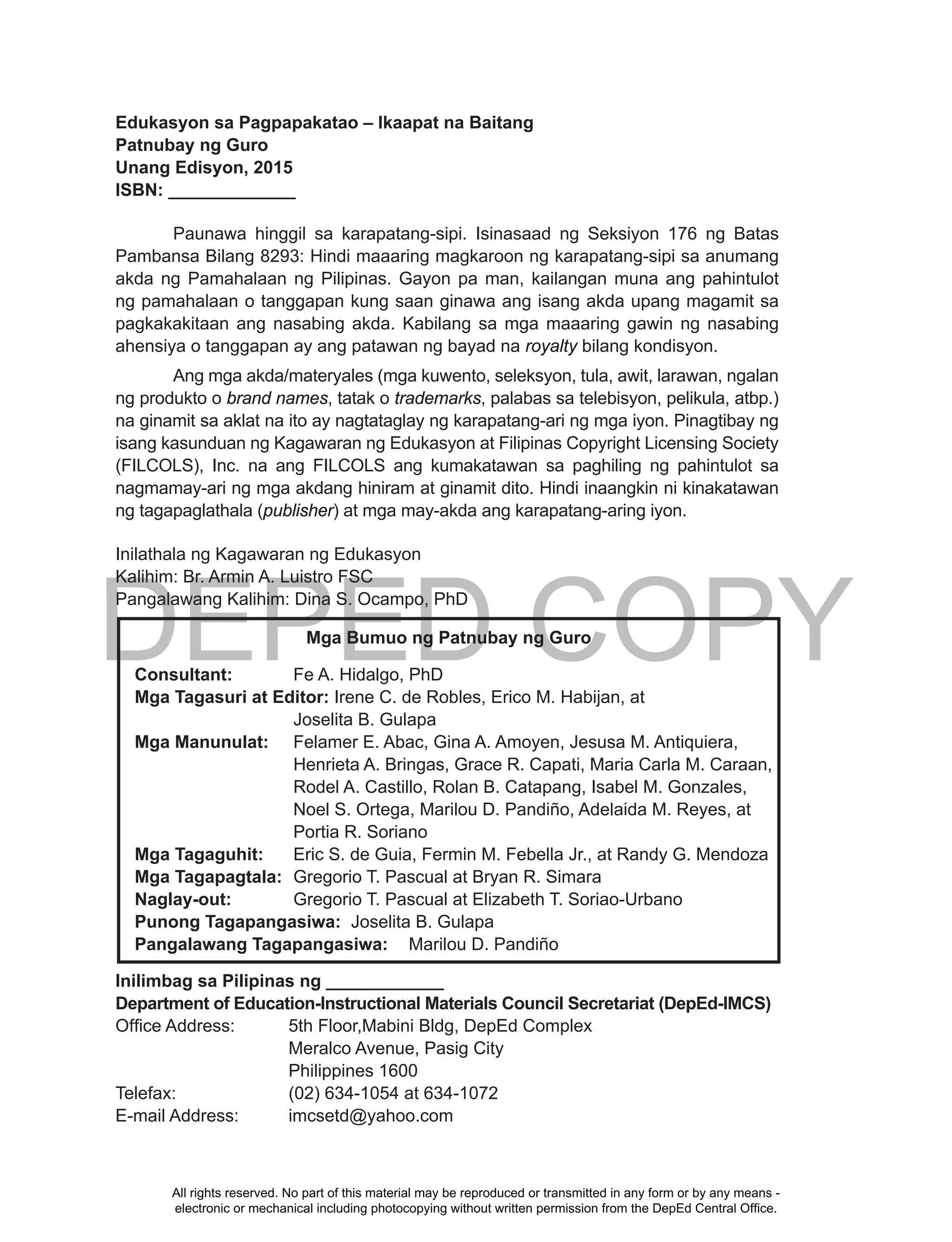 Edukasyon sa pagpapakatao patnubay ng guro | PDF