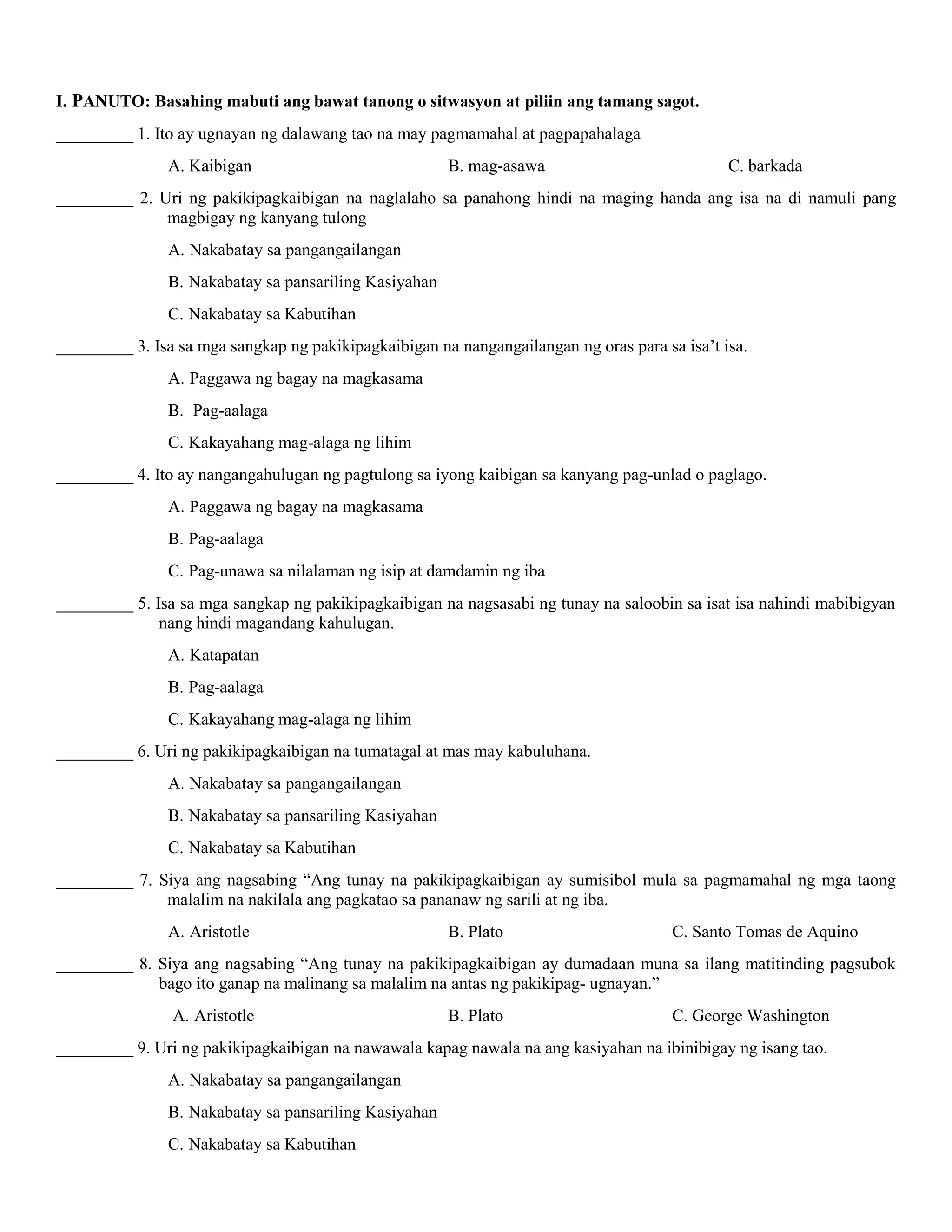 EDUKASYON SA PAGPAPAKATAO 8 HALIMBAWANG PAGSUSULIT | DOCX