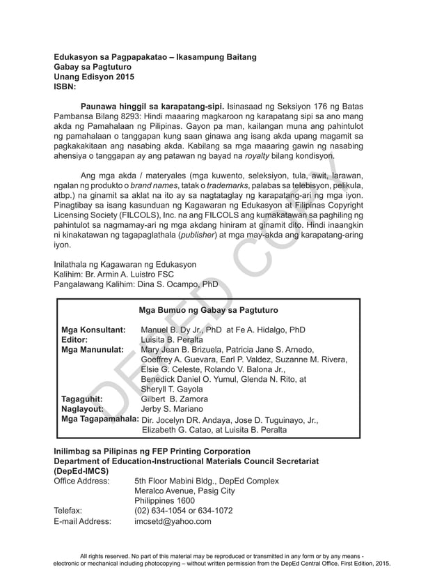 Edukasyon sa pagpapakatao grade 10 tg quarter 1 | PDF