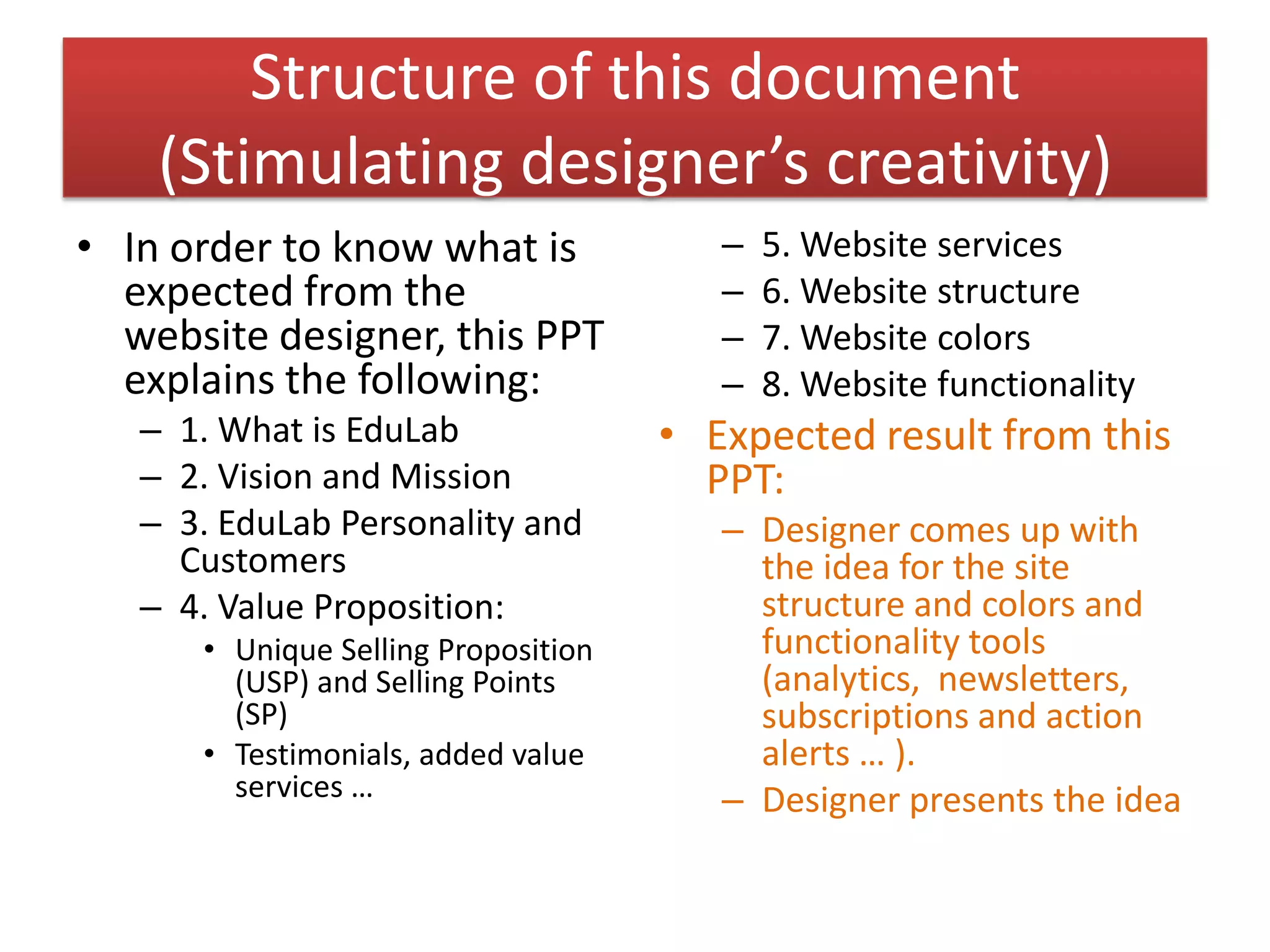 Edu lab website structure, colors, functionality | PPT