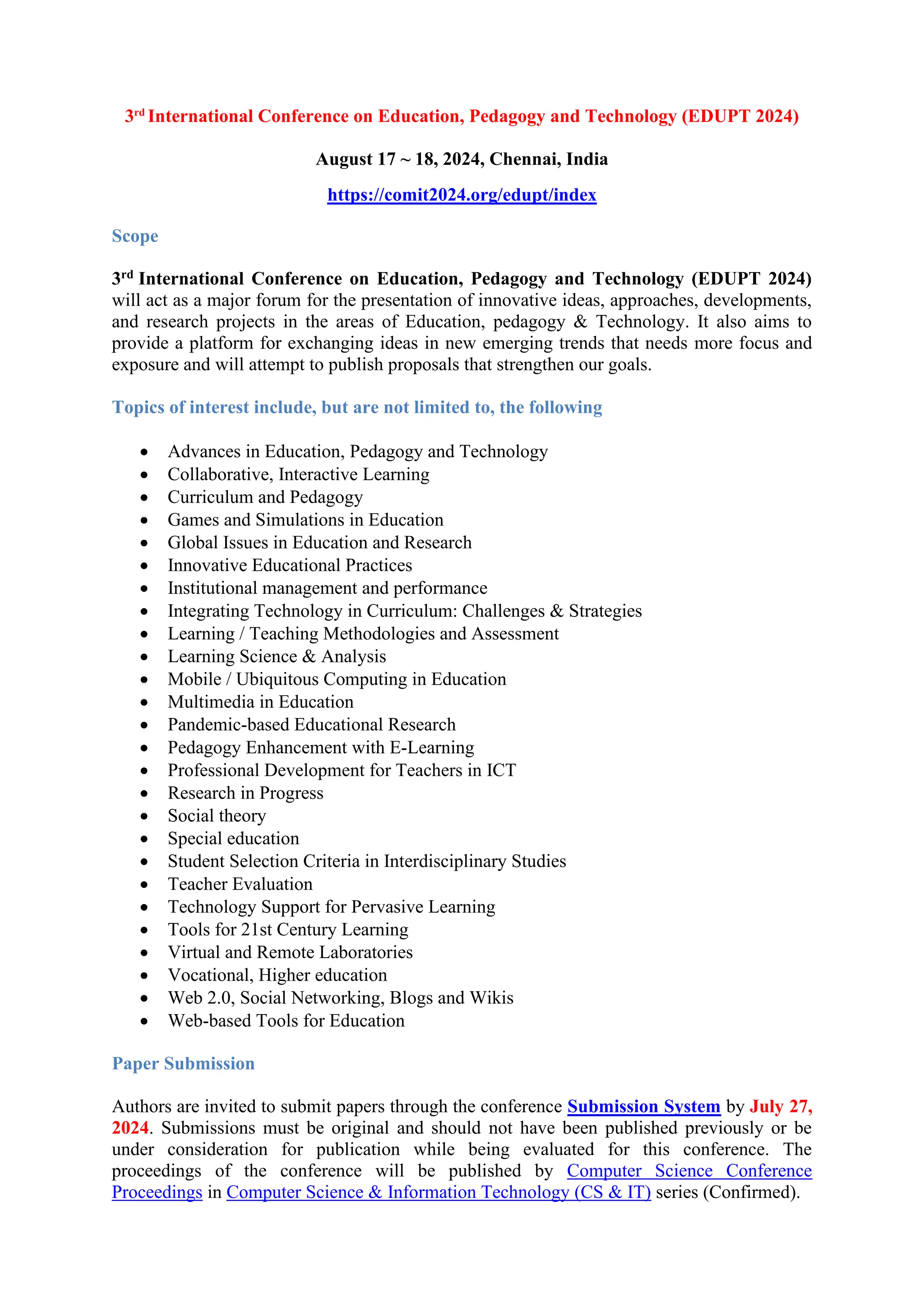 3rd International Conference on Education, Pedagogy and Technology ...
