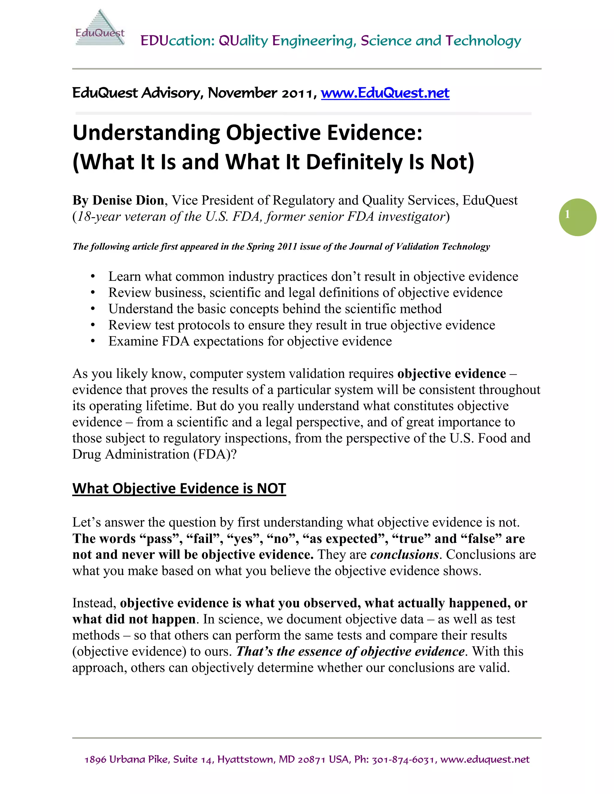 What is Objective Evidence? - EduQuest FDA Compliance Advisory | PDF