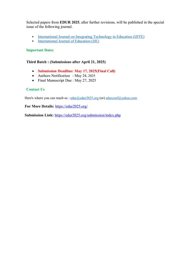 3rd International Conference on Educational Research (EDUR 2025) | PDF