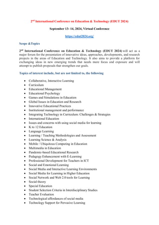 2nd International Conference on Education & Technology (EDUT 2024) | PDF