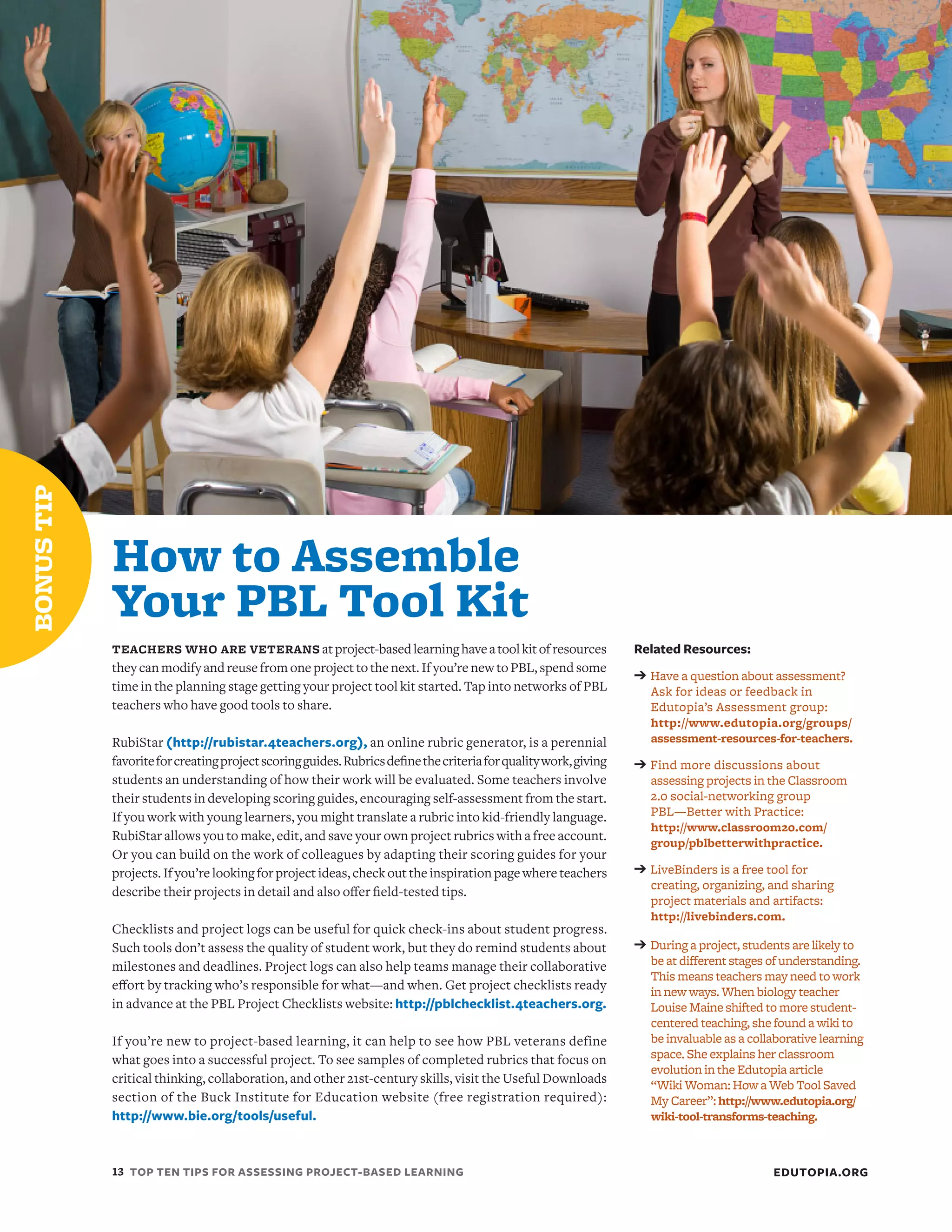 Edutopia's top ten tips for assessing Project Based Learning | PDF