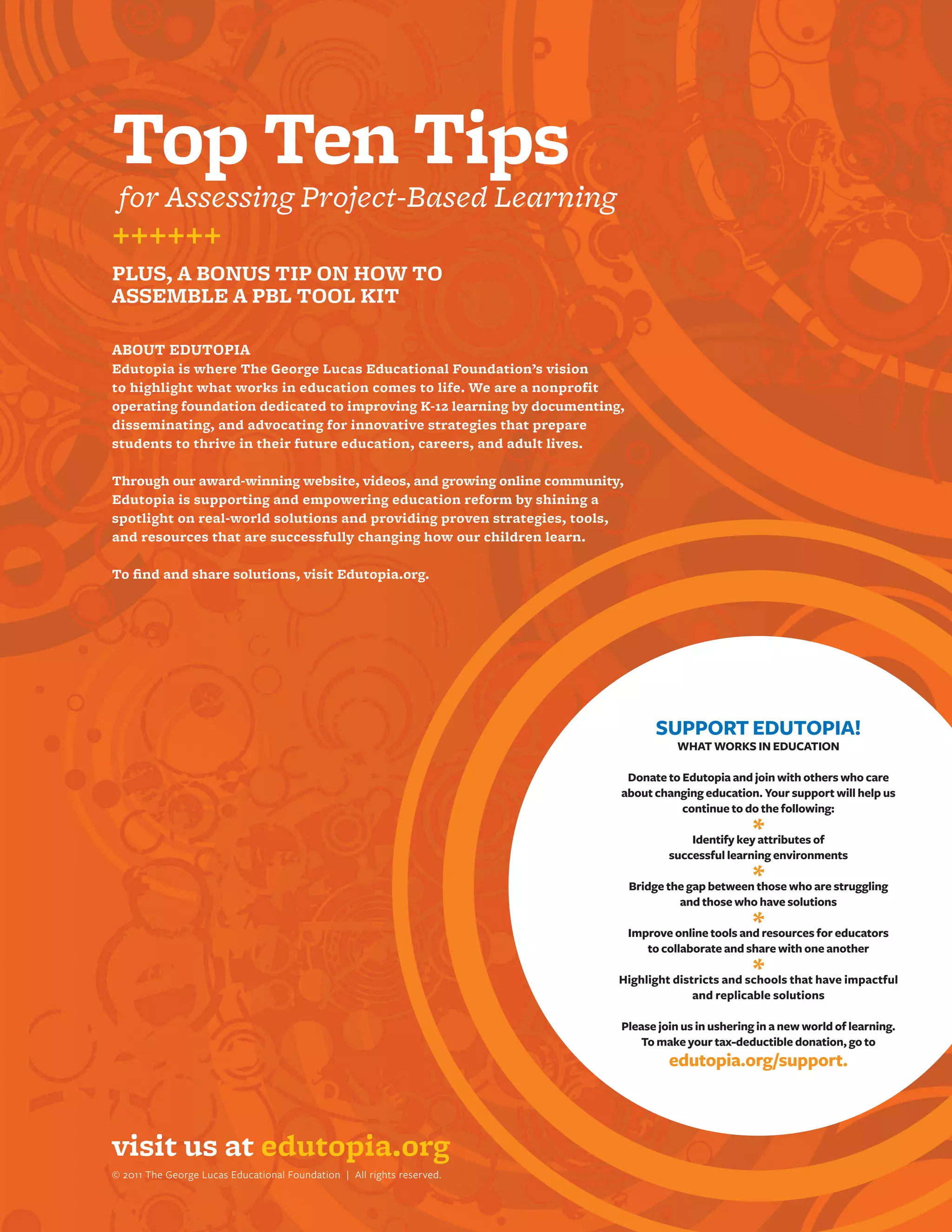 Edutopia's top ten tips for assessing Project Based Learning | PDF