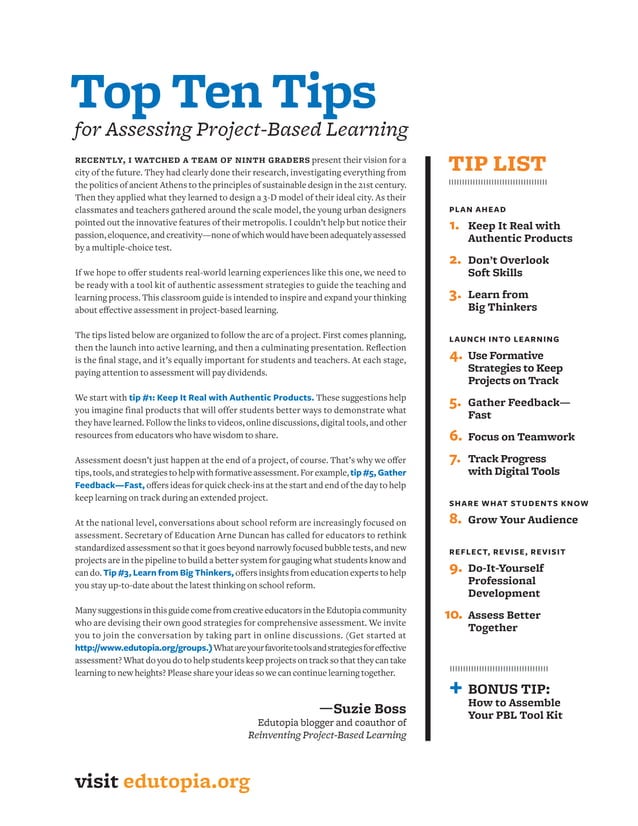 Edutopia's top ten tips for assessing Project Based Learning | PDF