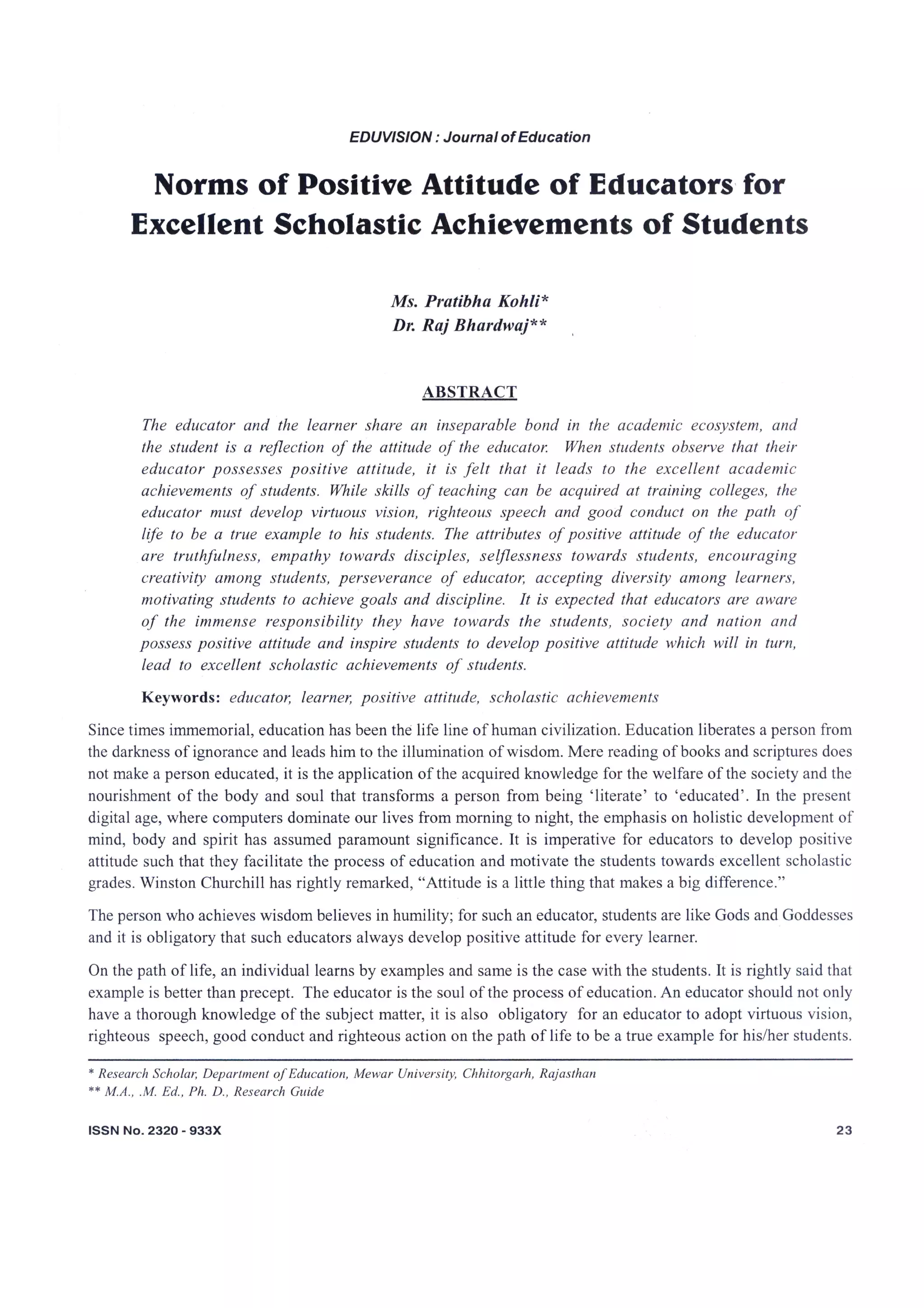 Norms of Positive Attitude of Educators for Excellent Scholastic ...