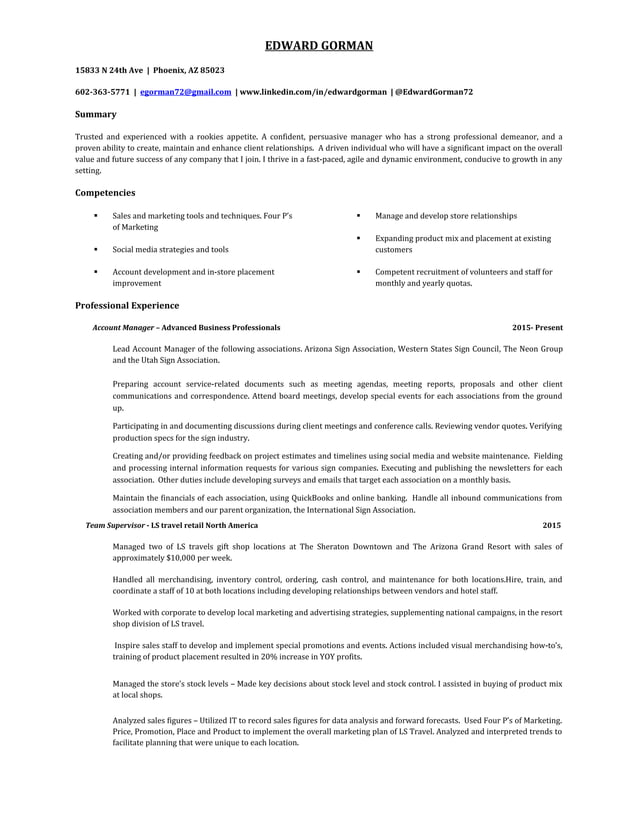 Edward Gorman resume 2015 | DOC | Sales | Business