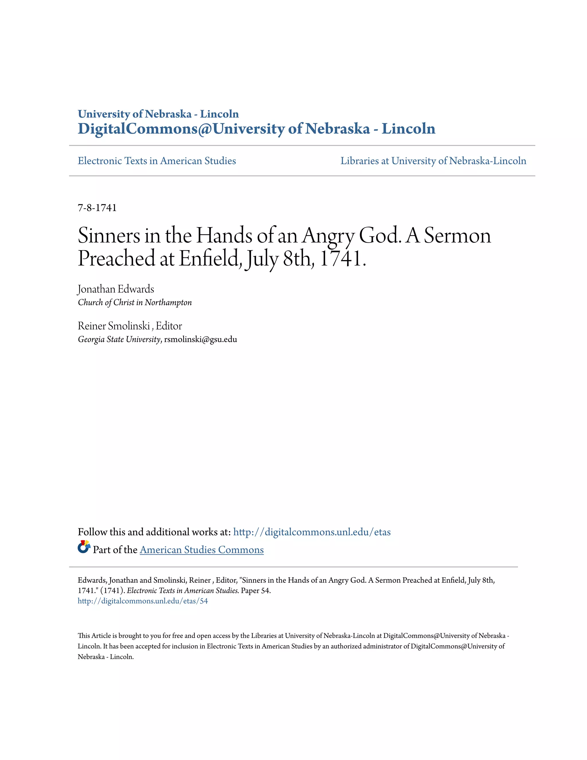 Edwards sinners in the hands of an angry god 1741 | PDF