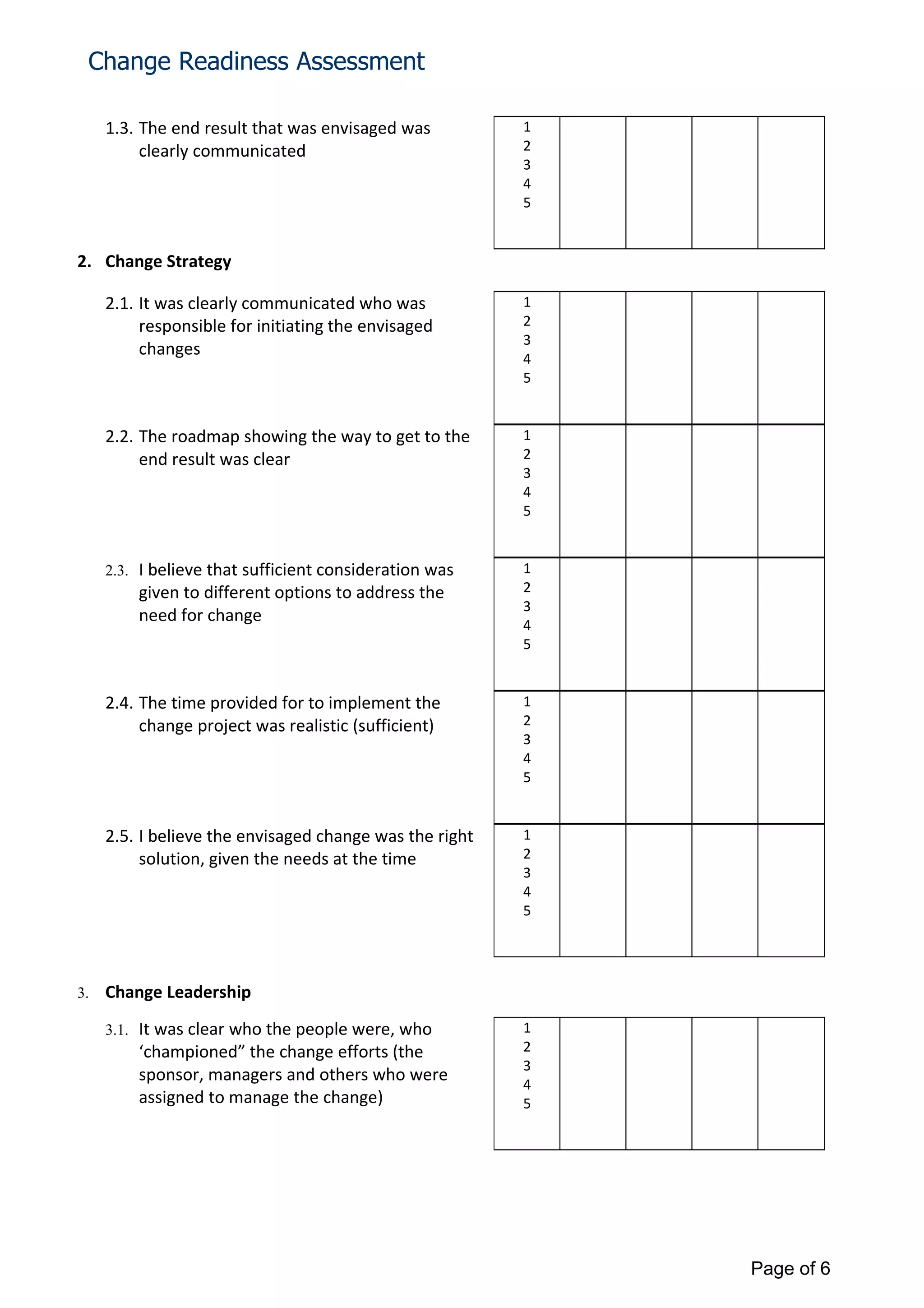 Change Readiness Questionaire | PDF